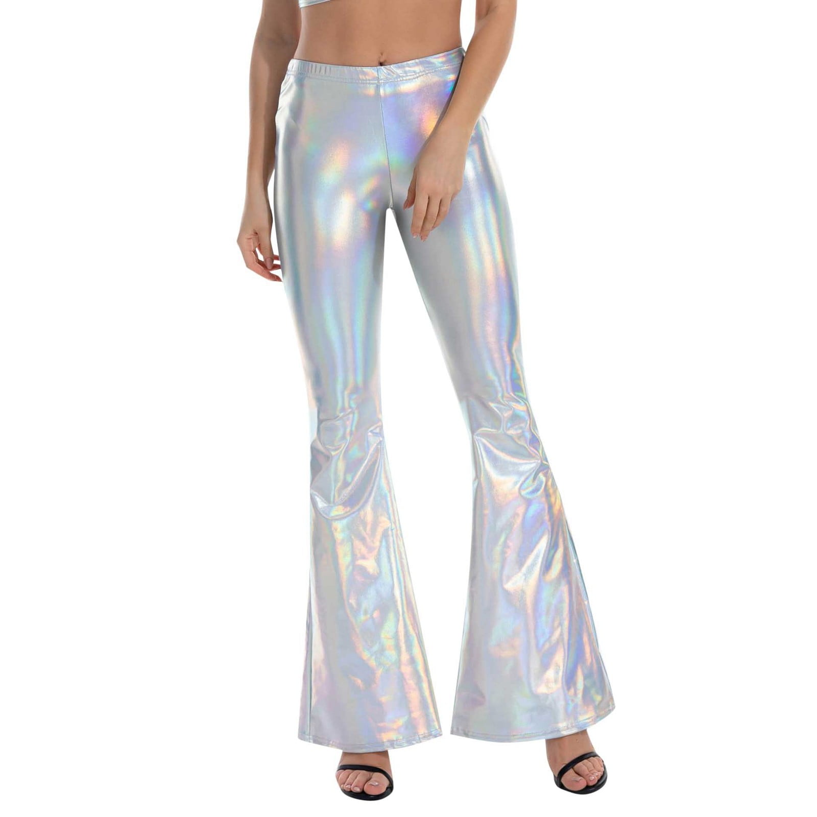 GJSYRH Womens Shinny Metallic Sequins High Waist Stretchy Bell Bottom ...