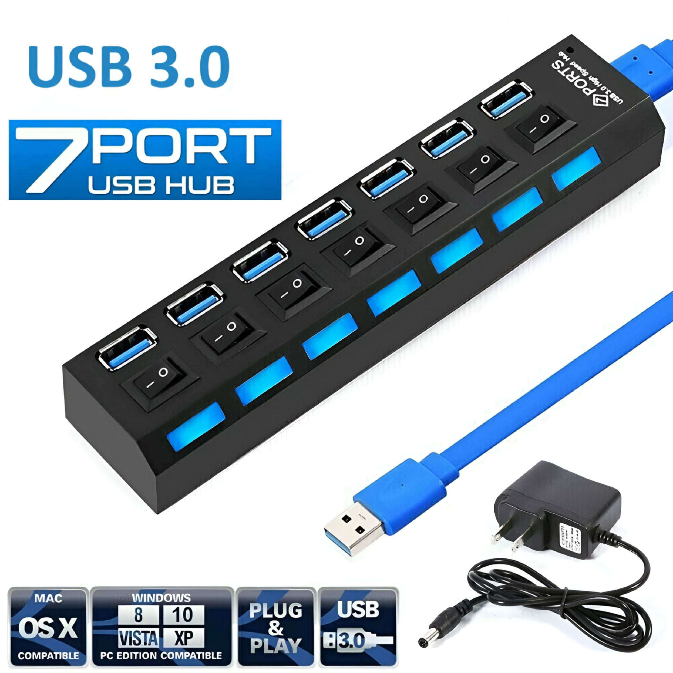 GJX 2026 New 7 Ports Usb 3.0 Hub Powered Splitter Extender with On/Off ...