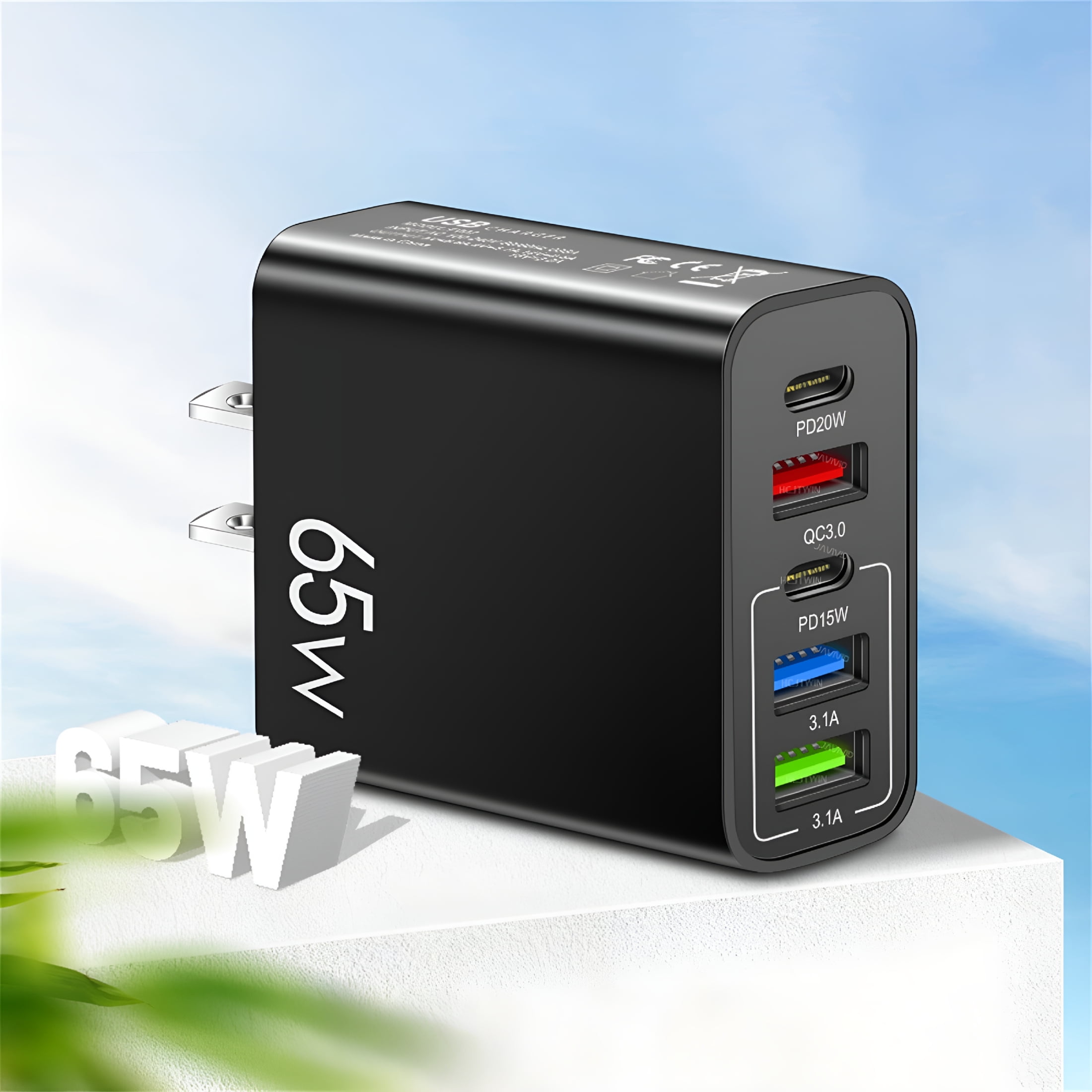 GJX 5-Port Fast Charger with 3USB + 2C Ports Multi-Device Charging ...