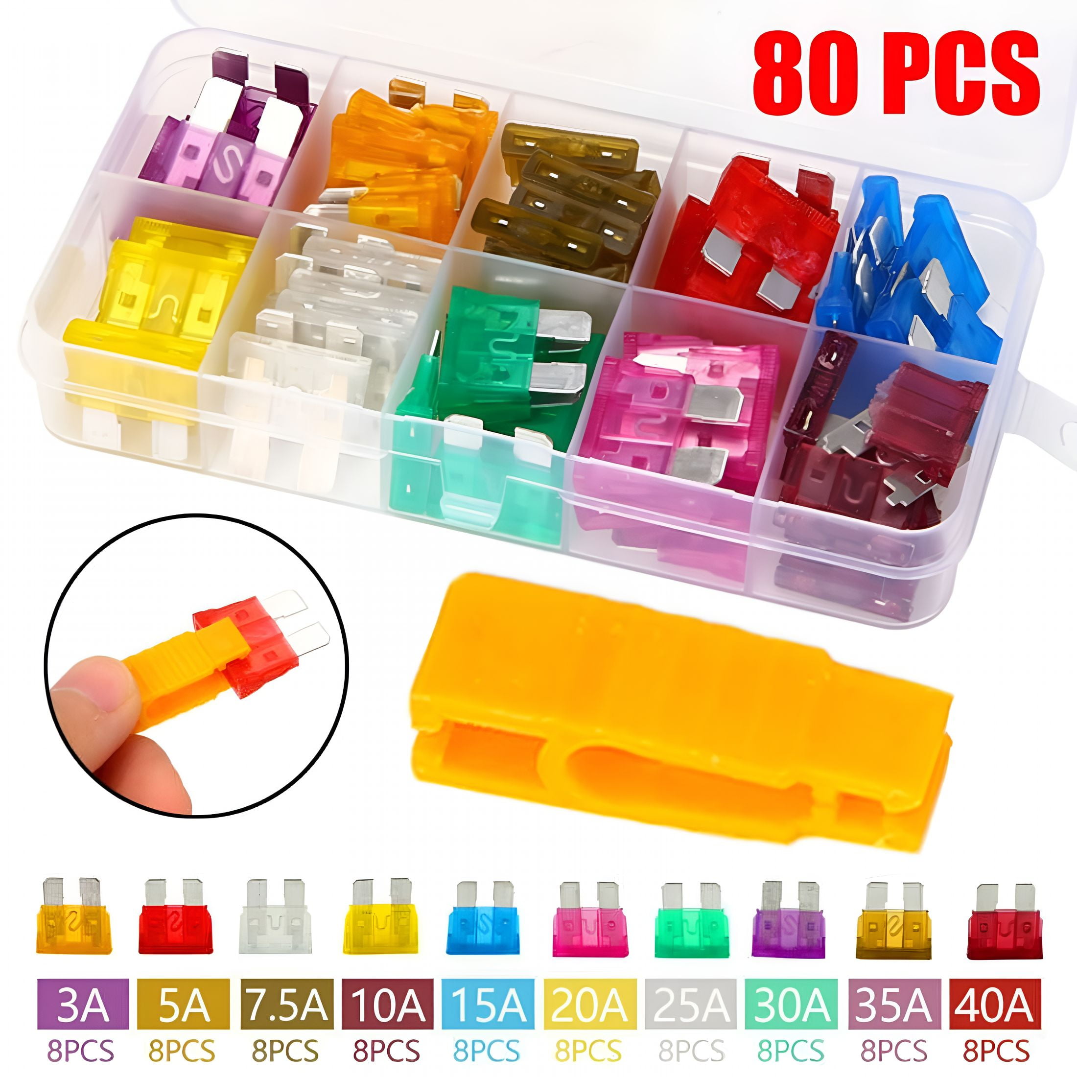 GJX 80pcs 12V Standard Blade Car Fuses 3A~40A Assorted Set + 1pc Puller ...