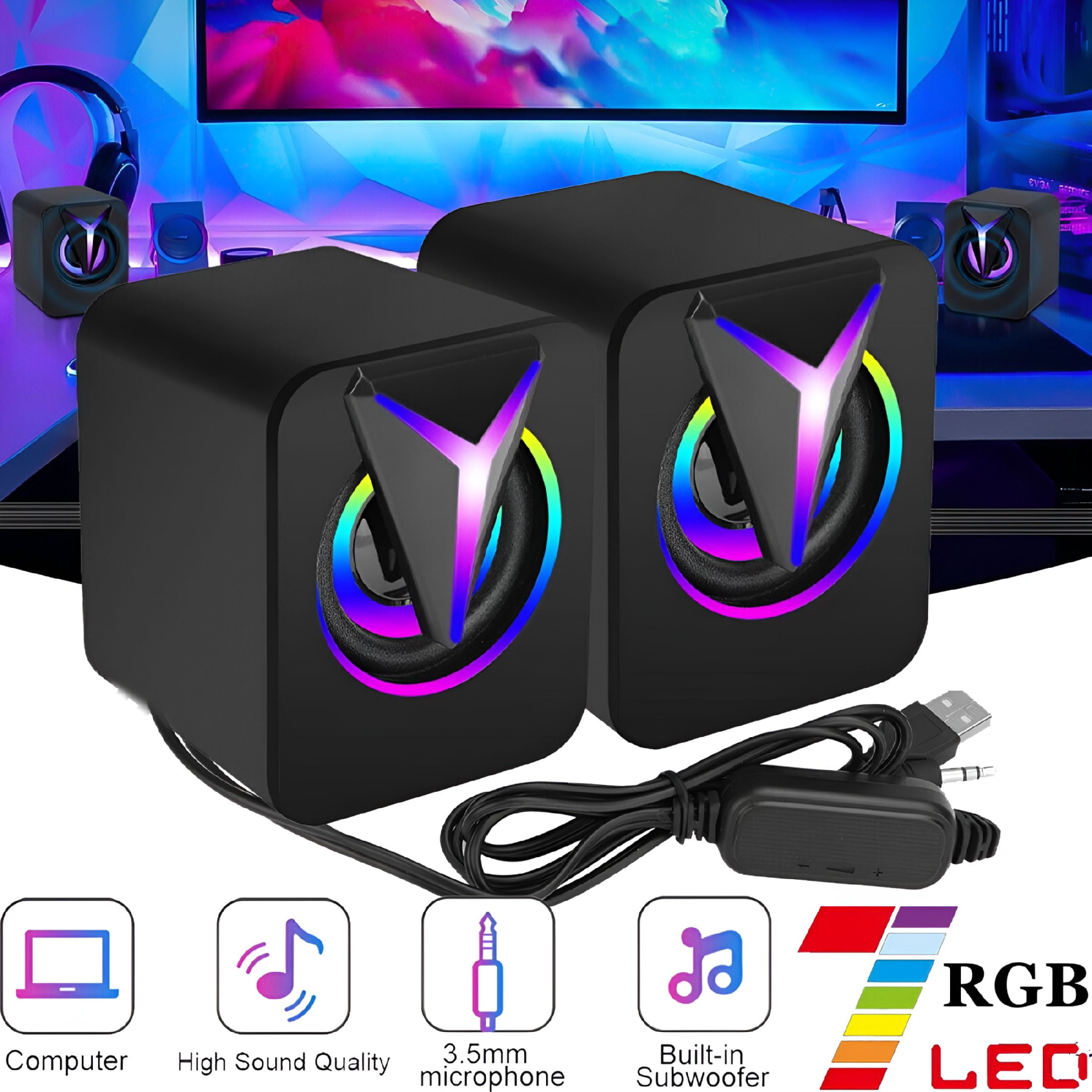 GJX Wired Computer Speakers 3.5mm Jack RGB LED Stereo Bass Mini Sound ...