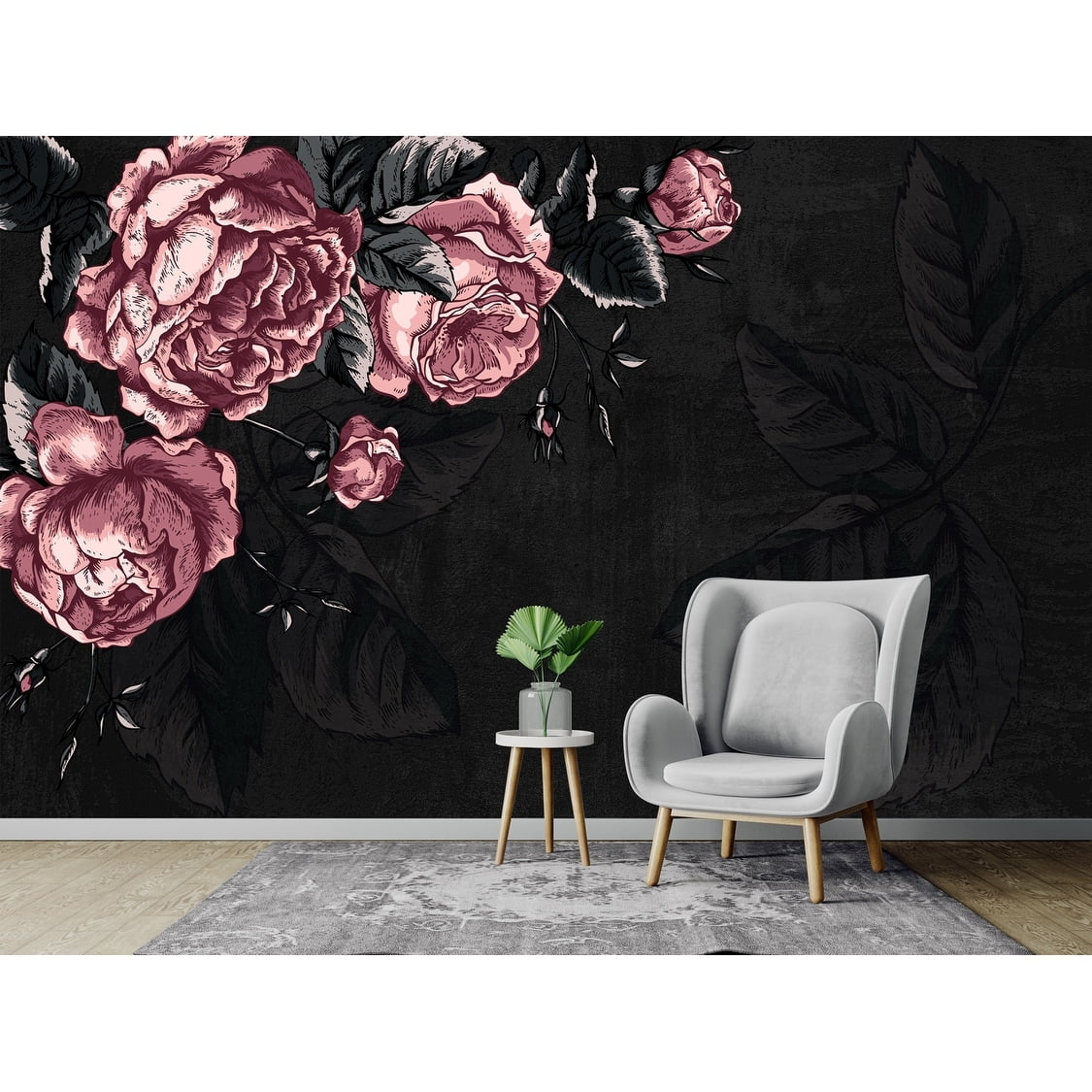 GK Wall Design Dark Flower Pink Peony Drawing Leaves Removable ...