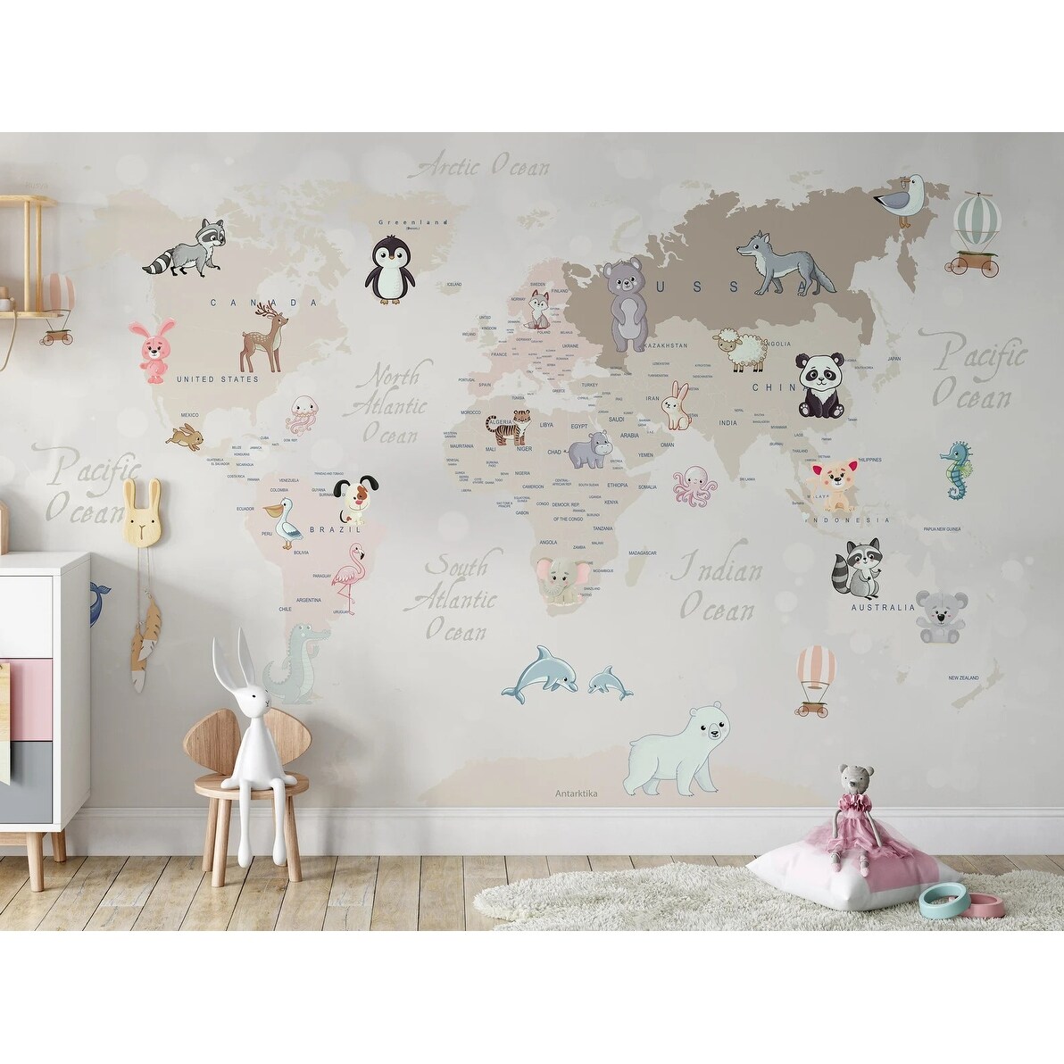 GK Wall Design Kids World Map Baby Land and Sea Creatures Animals ...