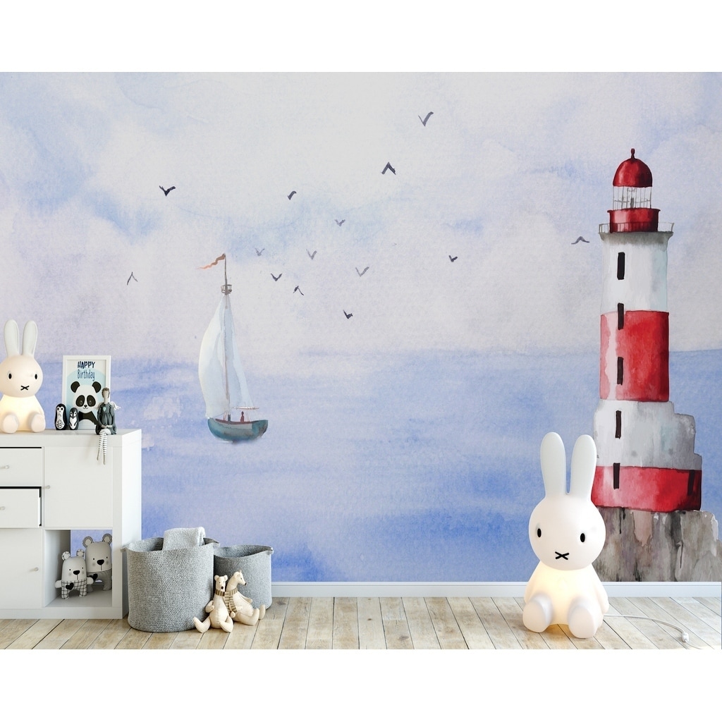 GK Wall Design Sea Landscape Lighthouse and Sailboat Wallpaper H:35" x ...