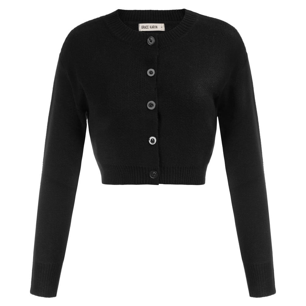 GK Women Cropped Cardigan Sweater Long Sleeve Crew Neck Button-up ...