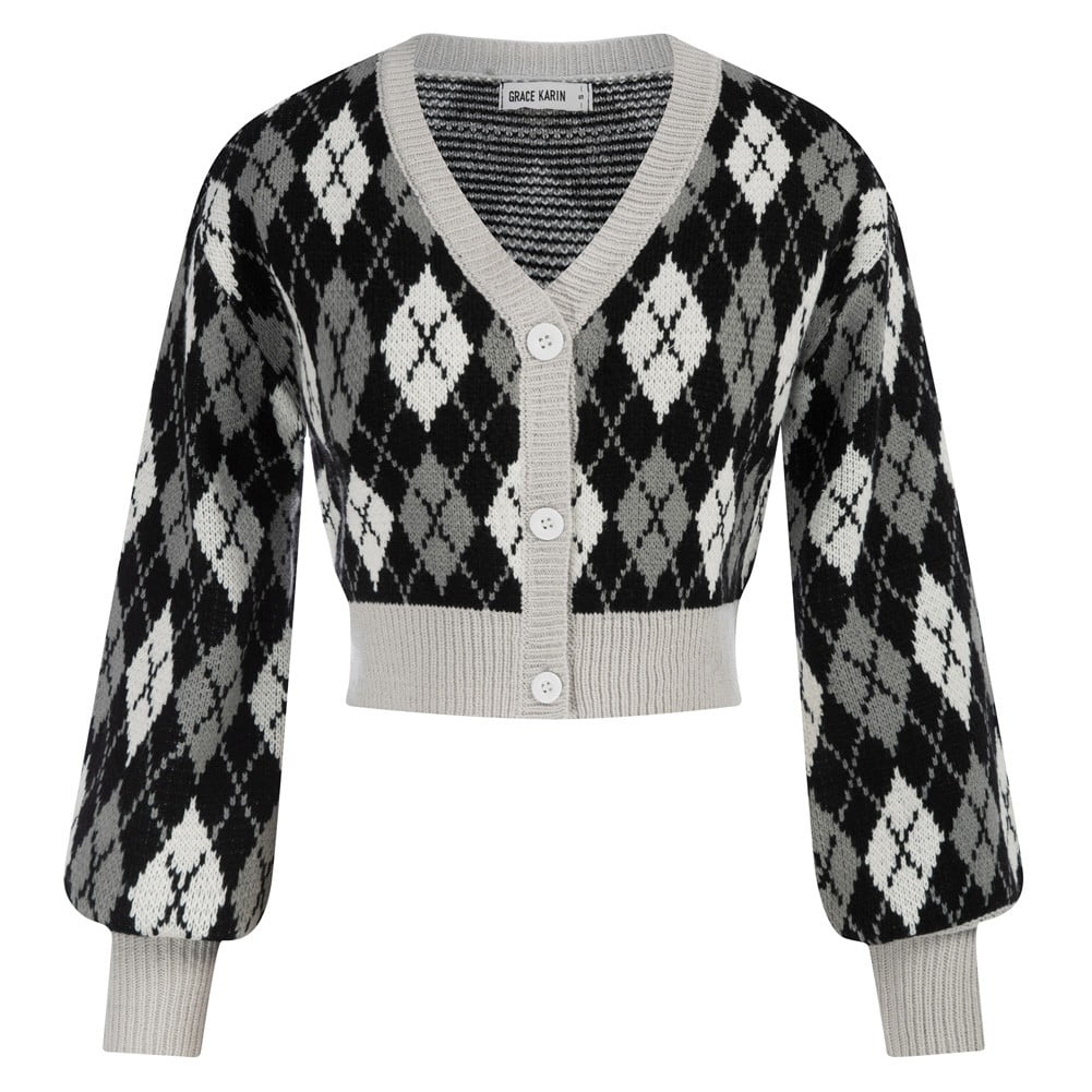 GK Women Diamond Pattern Cardigan Sweater Long Sleeve V-Neck Cropped ...