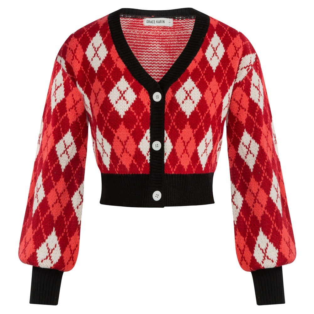 GK Women Diamond Pattern Cardigan Sweater Long Sleeve V-Neck Cropped ...