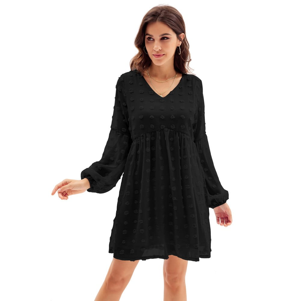 GK Women Swiss Dot Dress Loose Fit Long Lantern Sleeve V-Neck A-Line ...
