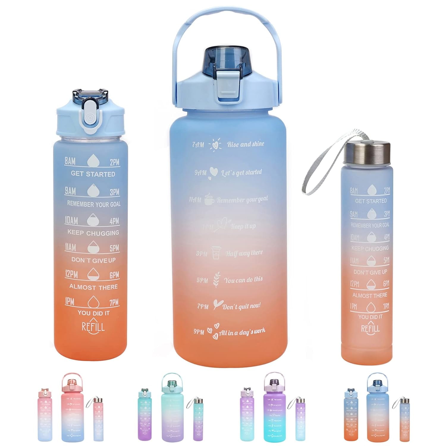 GKARUNA Motivational Water Bottle with Straw 3 Pcs 2000ml 900ml 300ml Time Marker Large Drinking ...