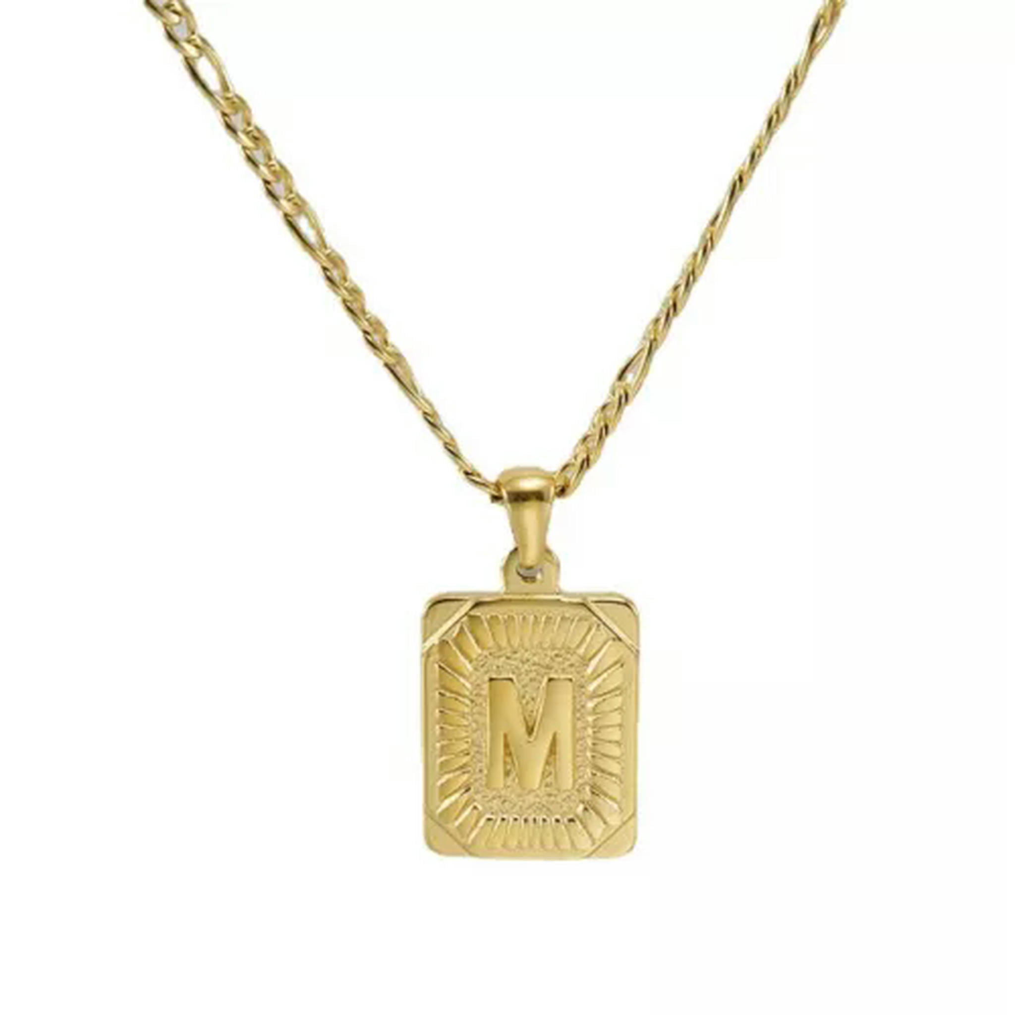 GKNET 18K Gold Plated Square Capital Letter A-Z Monogram Pendant Figaro ...