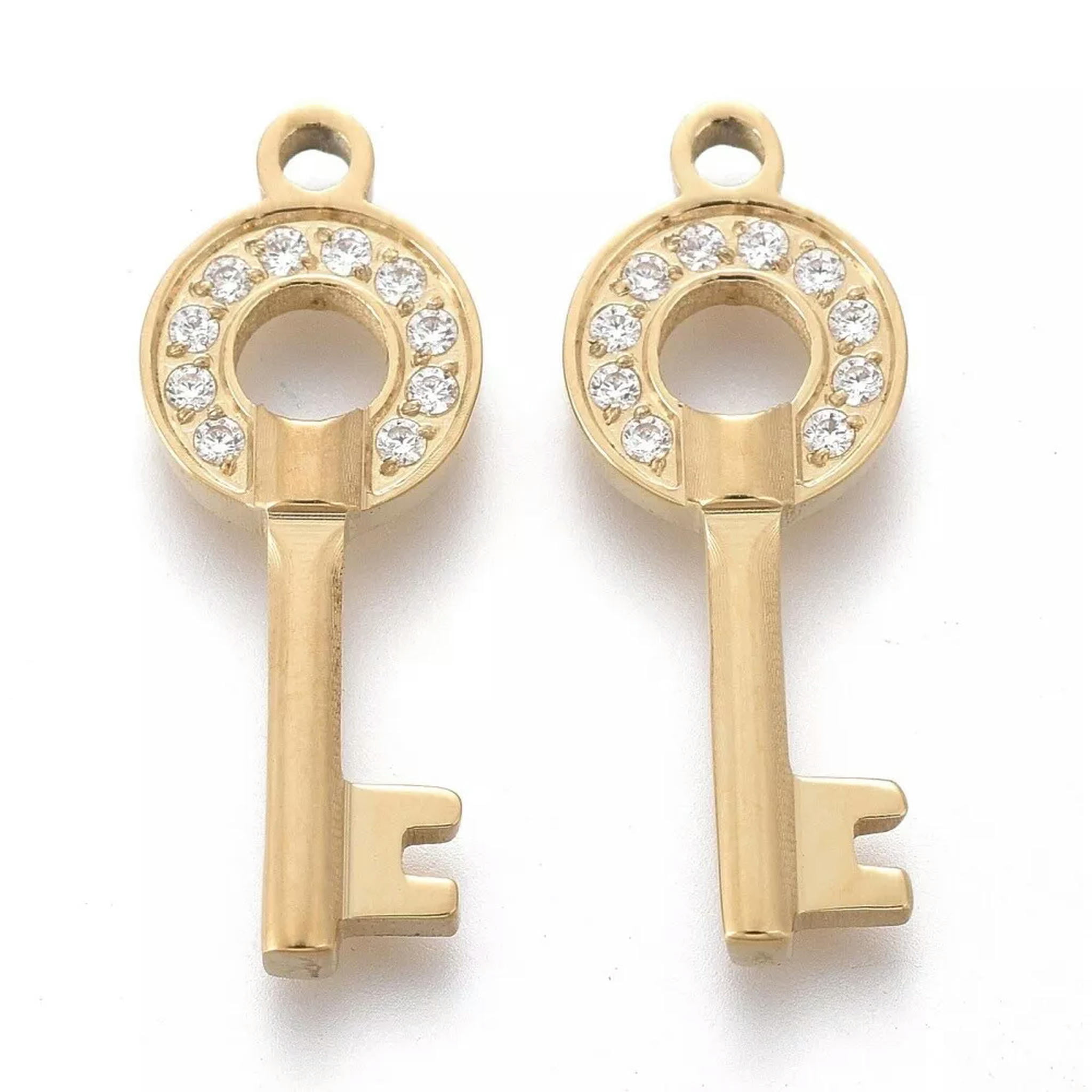 GKNET 5pcs Stainless Steel Key Pendants Golden Cubic Zirconia Charms ...