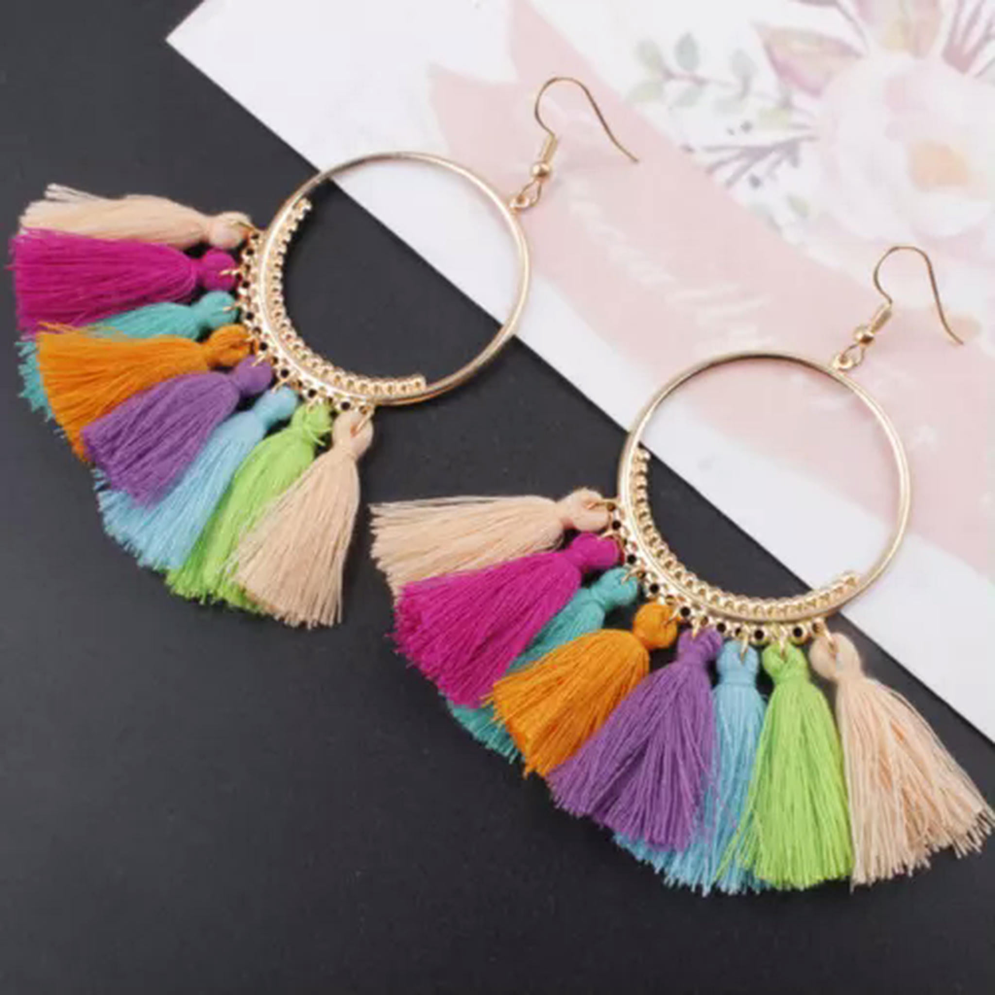 GKNET Bohemia Fan Shaped Tassel Earrings Fashion Exaggerated Vintage ...