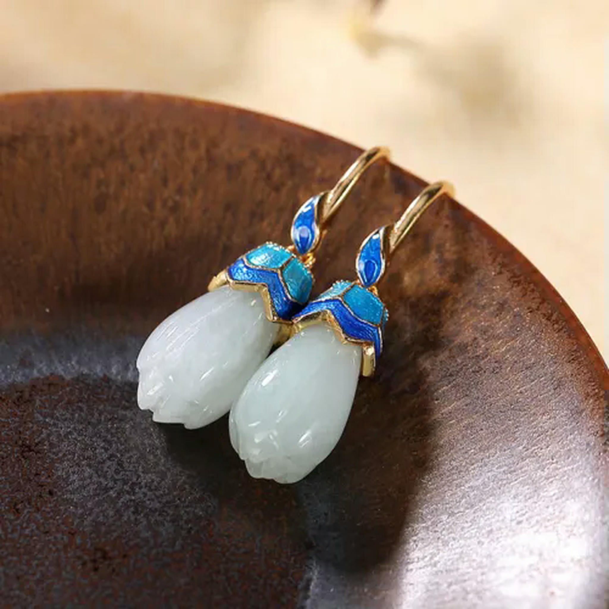 GKNET Chinese Cloisonne Natural Jadite Yu Lan Flower Earrings Ear Stud ...