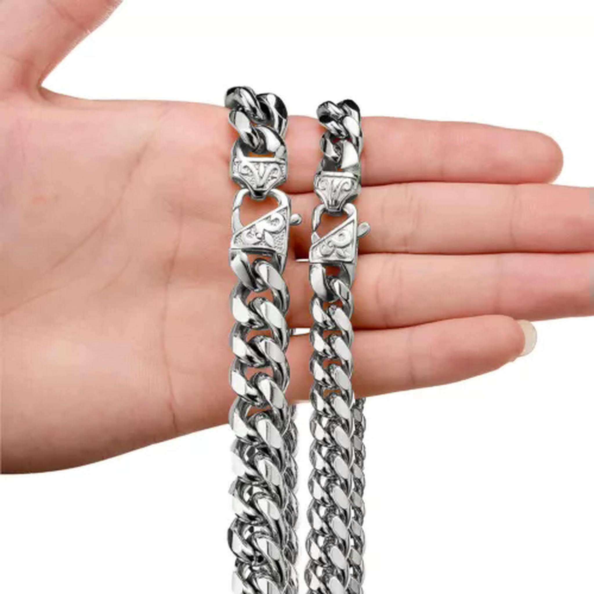 GKNET Hip Hop Miami Cuban Link Chain Mens Casting Silver Titanium Steel ...