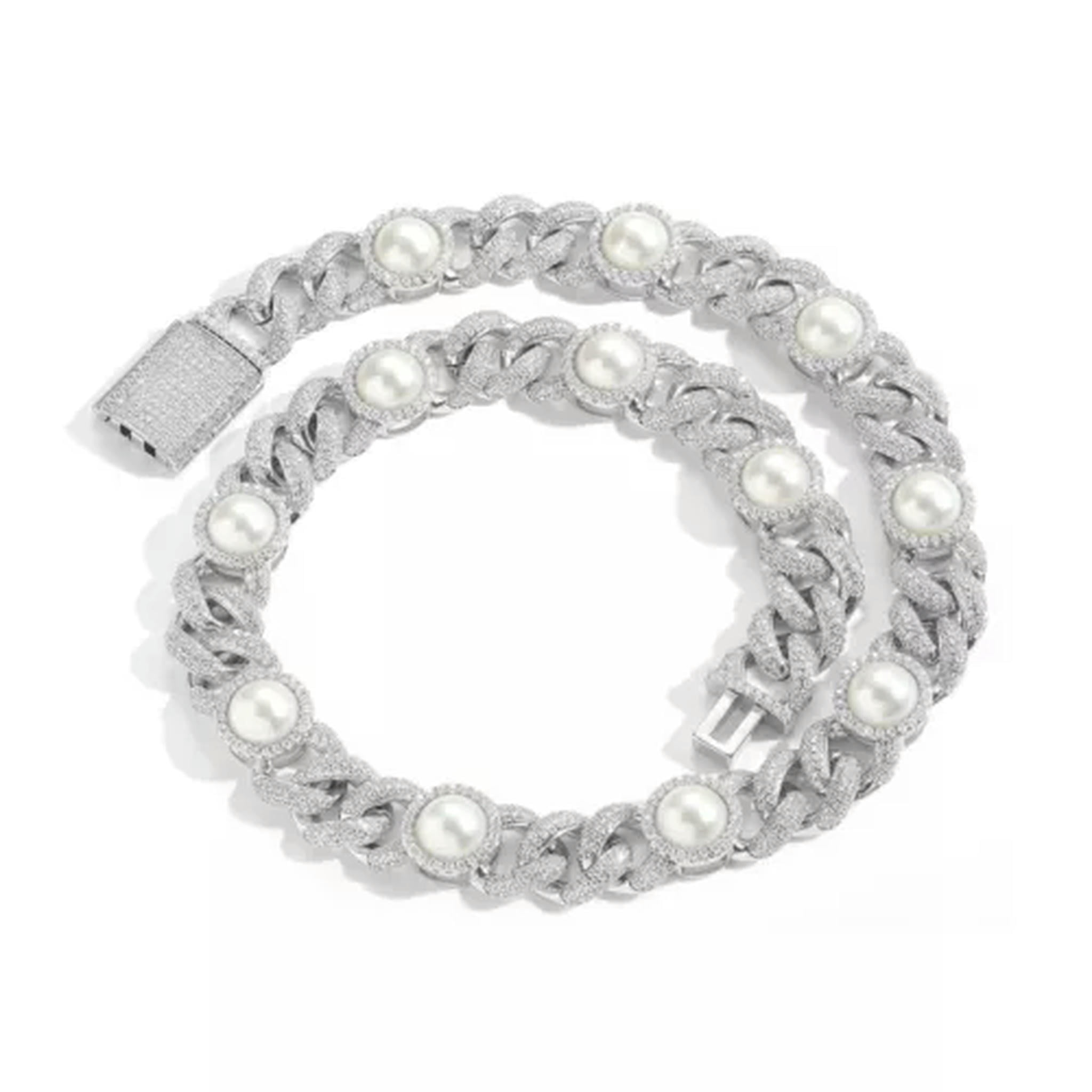 GKNET Hip Hop Pearl Cuban Chain Necklace Bracelet 5A Zircon Real Gold ...