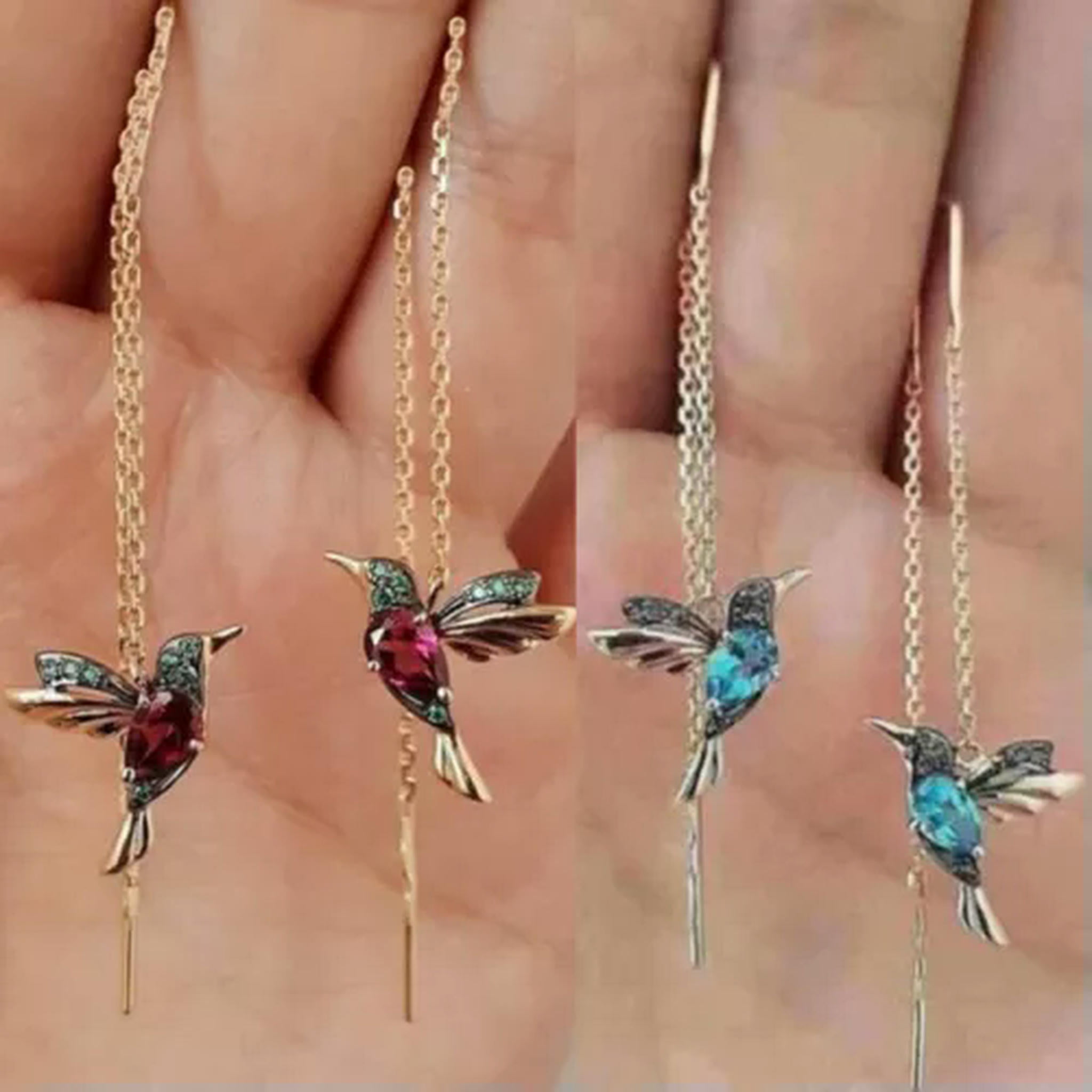 GKNET Hummingbird Earrings Stud Threader Long Drop Tassel Crystal ...