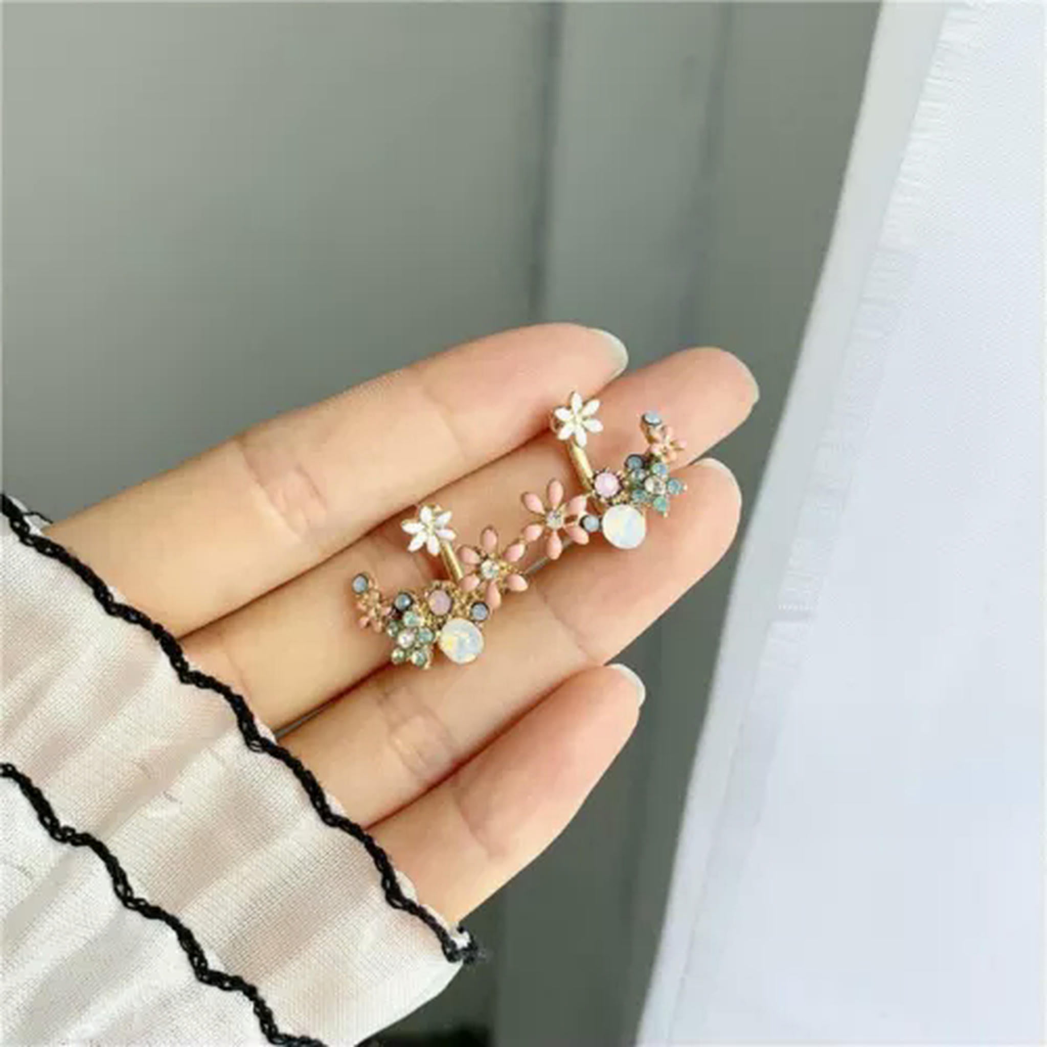 GKNET Luxury Cubic Zirconia Pearl Flower Ear Stud Earrings Dangle Women ...