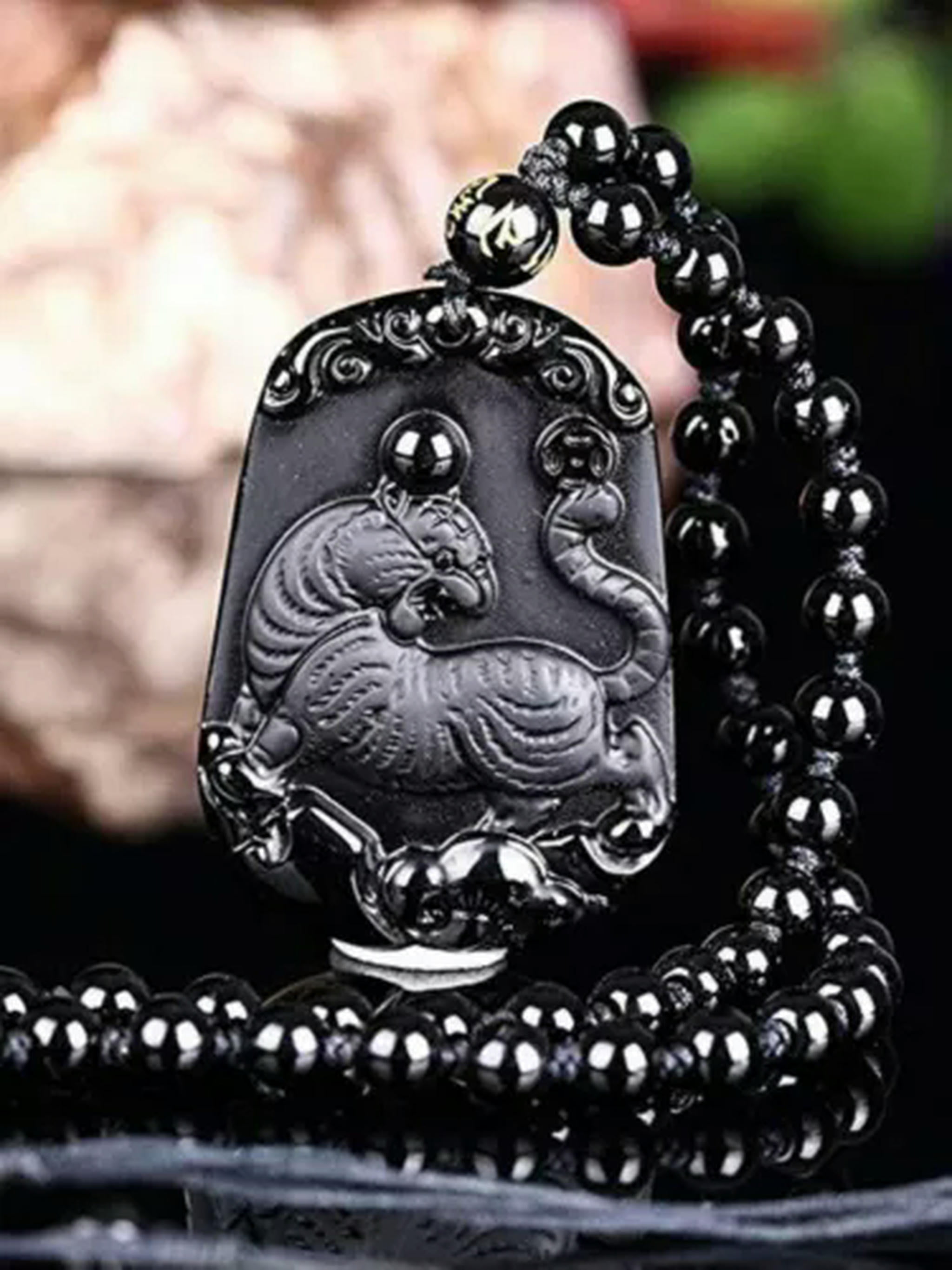 GKNET Natural Black Obsidian Chinese Zodiac Necklace Amulet Animals ...