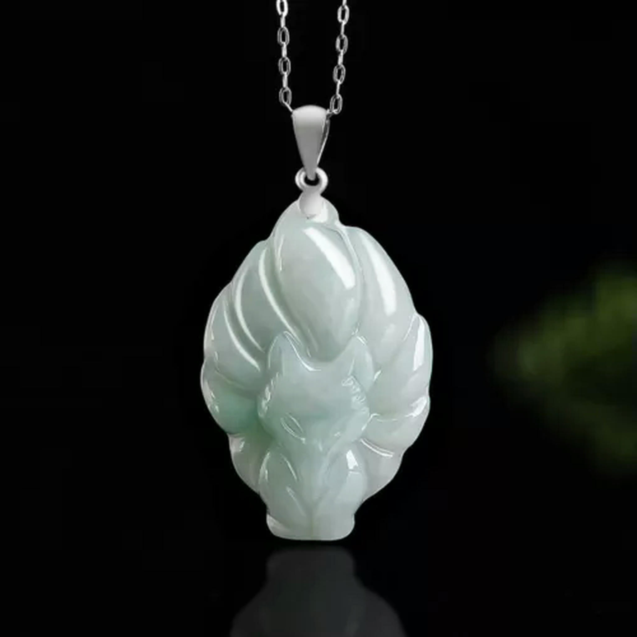 GKNET Natural Grade A Jade Jadeite Lucky Nine Tailed Fox S925 Silver ...