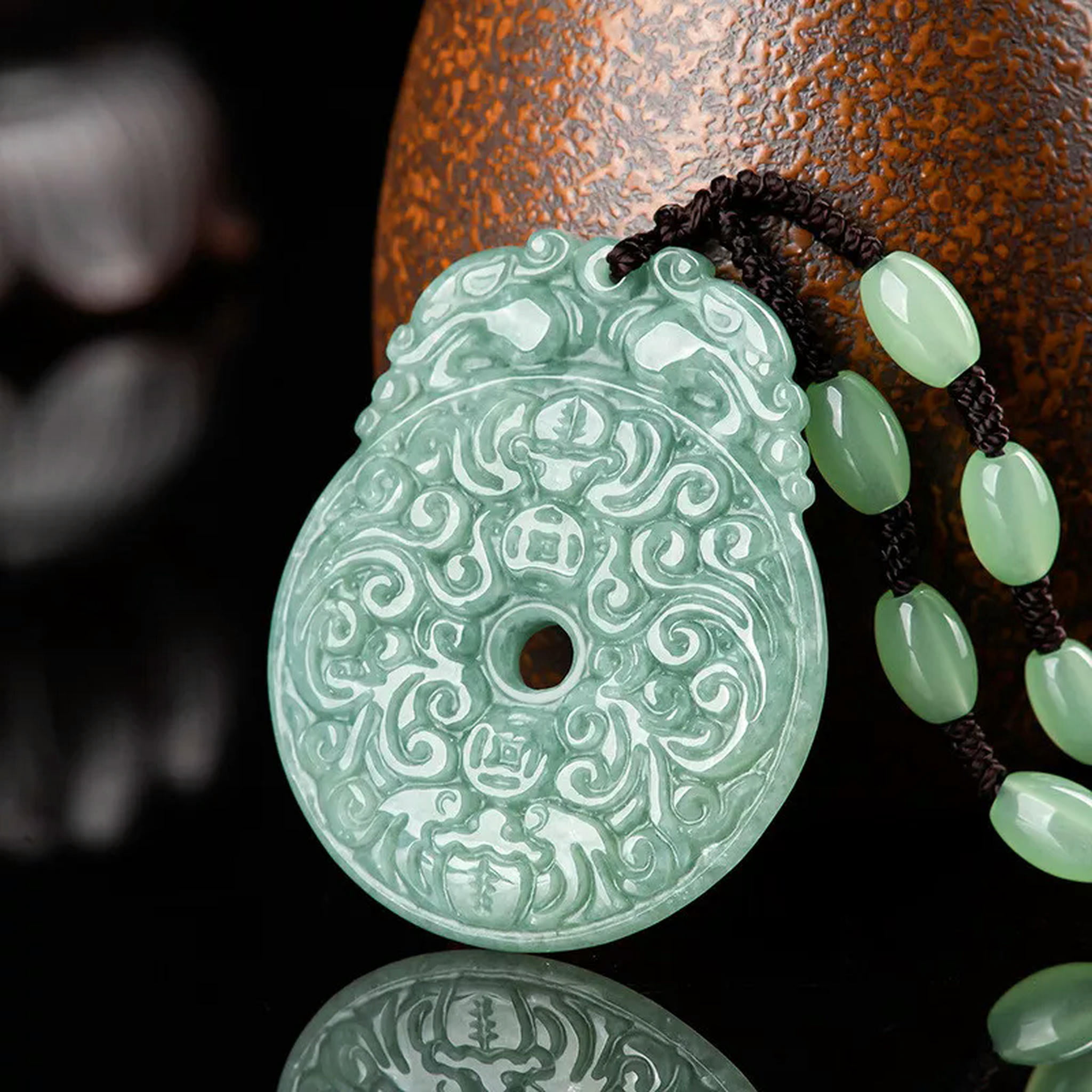 GKNET Natural Jadeite Bean Green Double Dragon Blessing Antique Pinan ...
