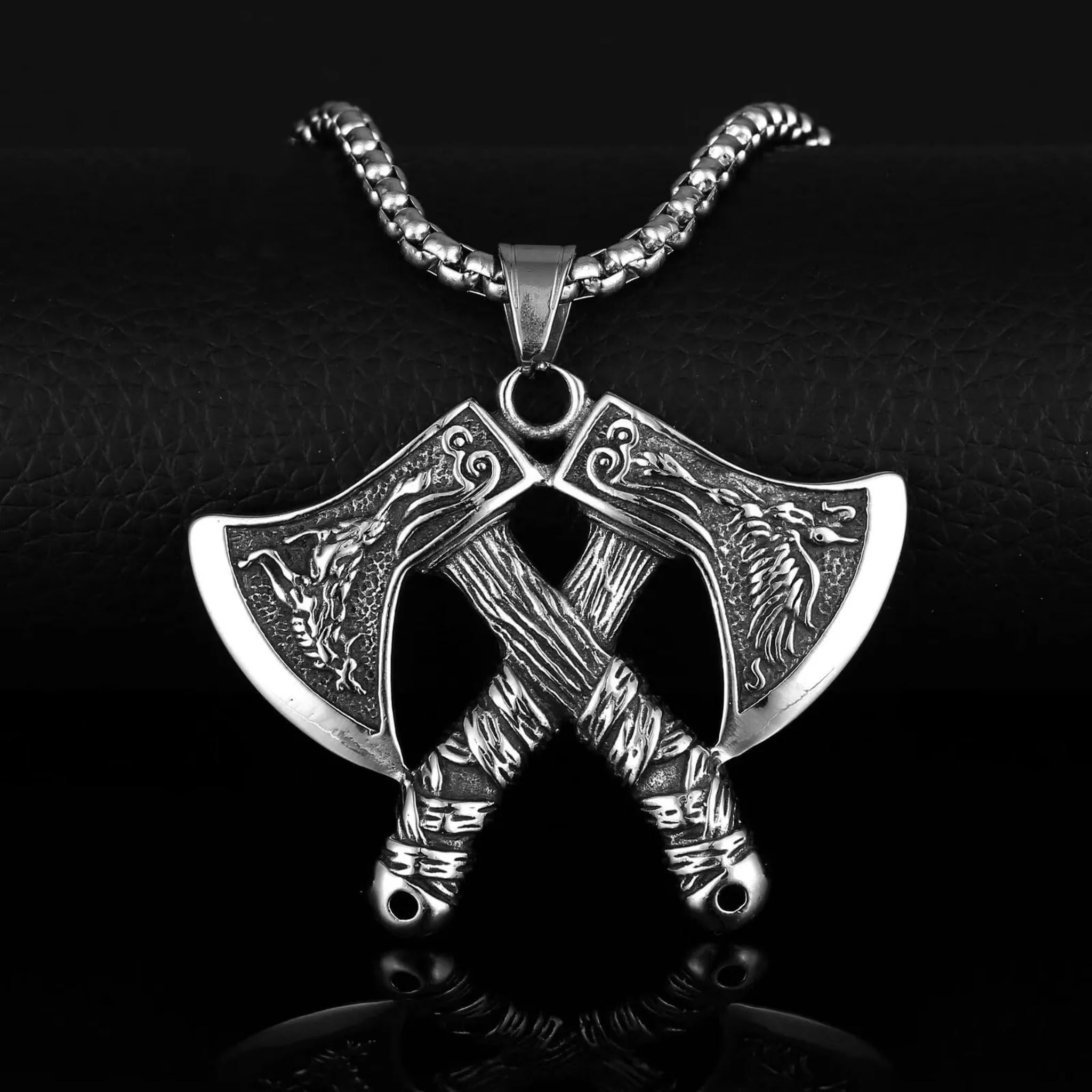 GKNET Norse Viking Double Wolf Raven Axe Pendant Necklace Chain Men's ...