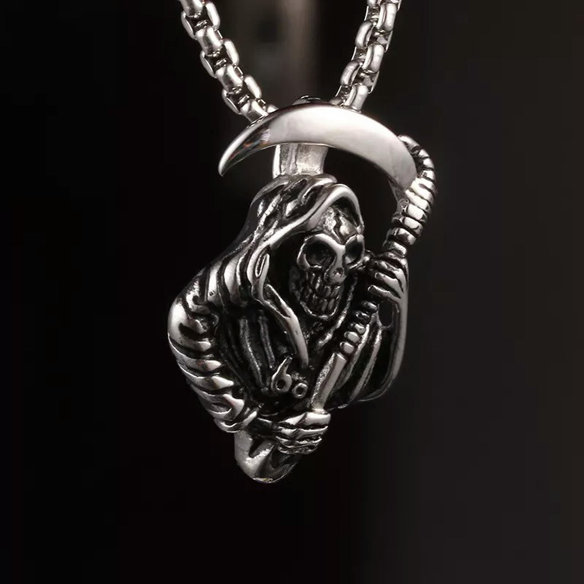 GKNET Punk Gothic Retro Death Scythe Grim Reaper Skull Pendant Necklace ...