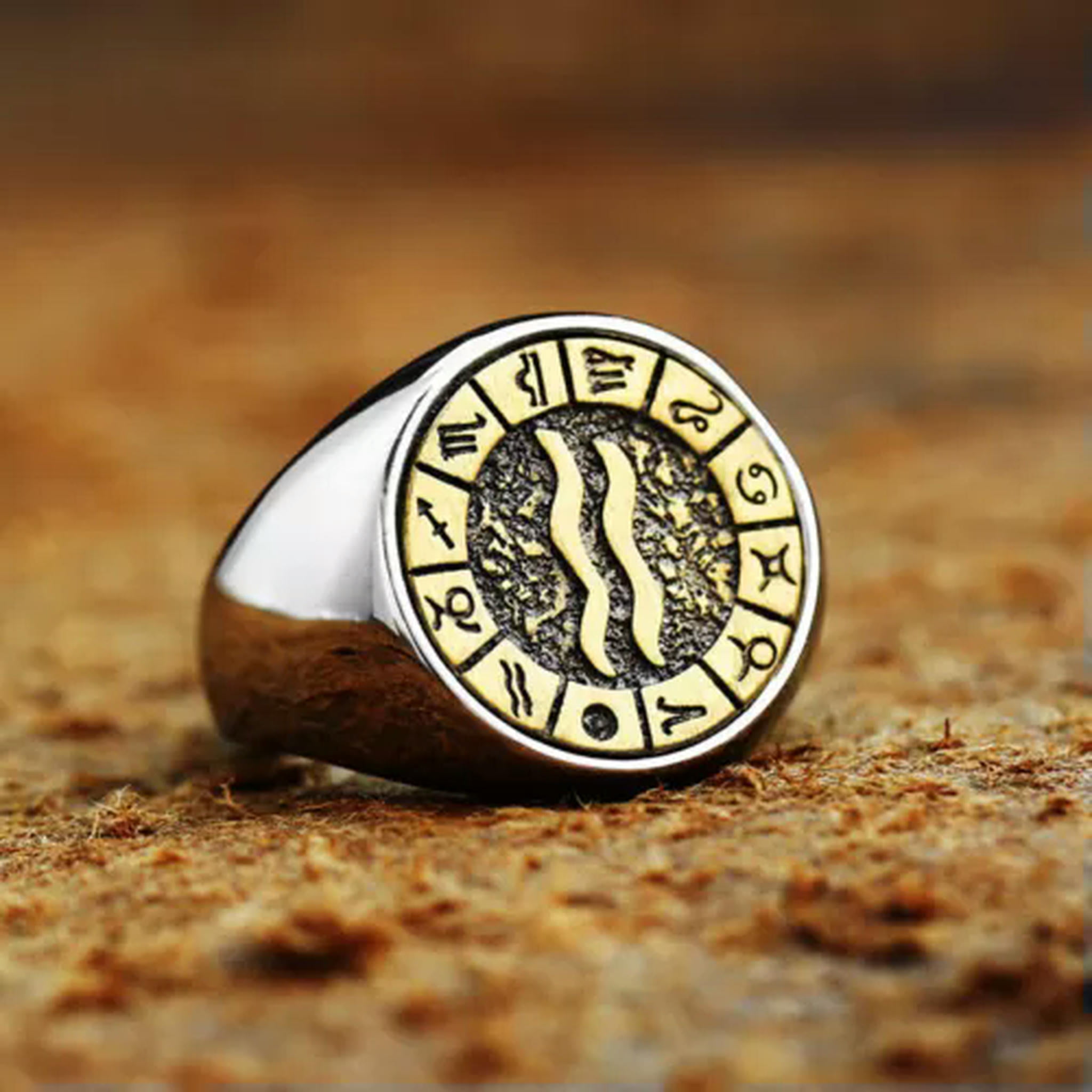 GKNET Retro Signs Of The Zodiac Constellation Ring Stainless Steel Men ...