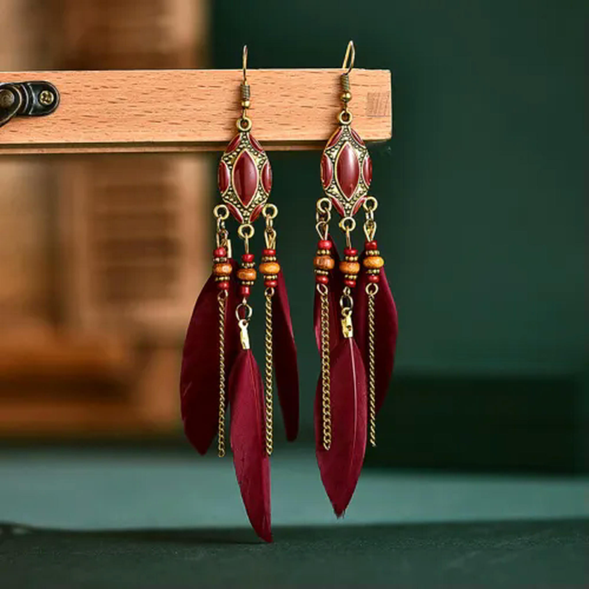 GKNET Retro Tassel Feather Earring Ear Drop Womens Long Oil Dripping ...