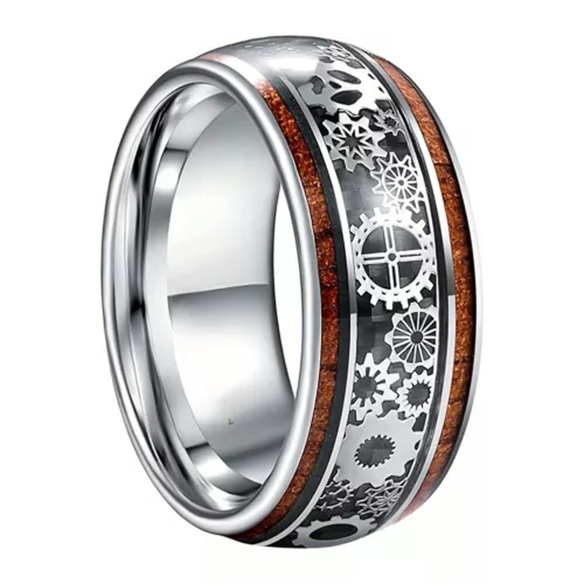 GKNET Stainless Steel Ring Mechanical Gear Wood Grain Steam Age Punk ...