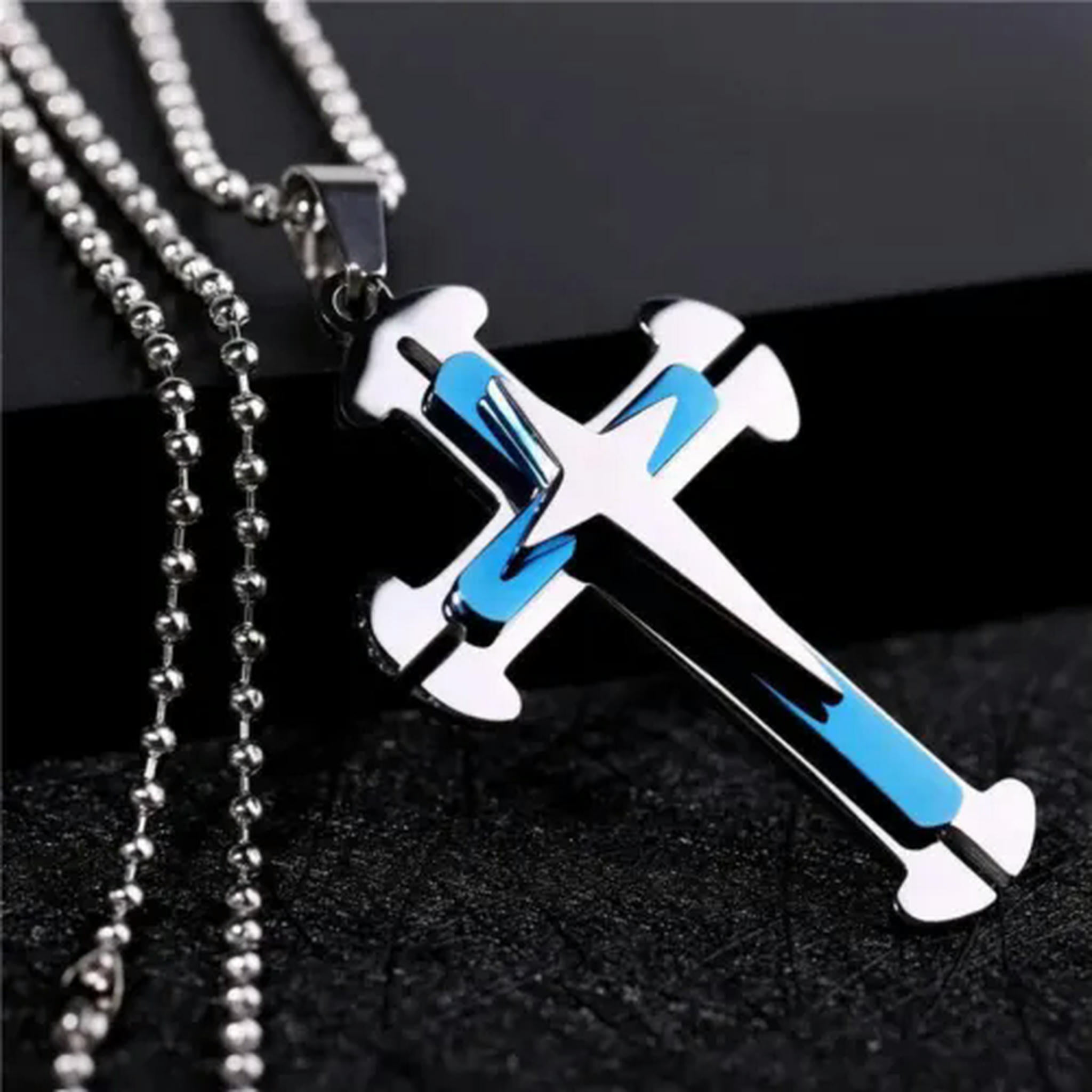 GKNET Vintage Men's Split Three Layer Cross Blue Pendant Stainless ...