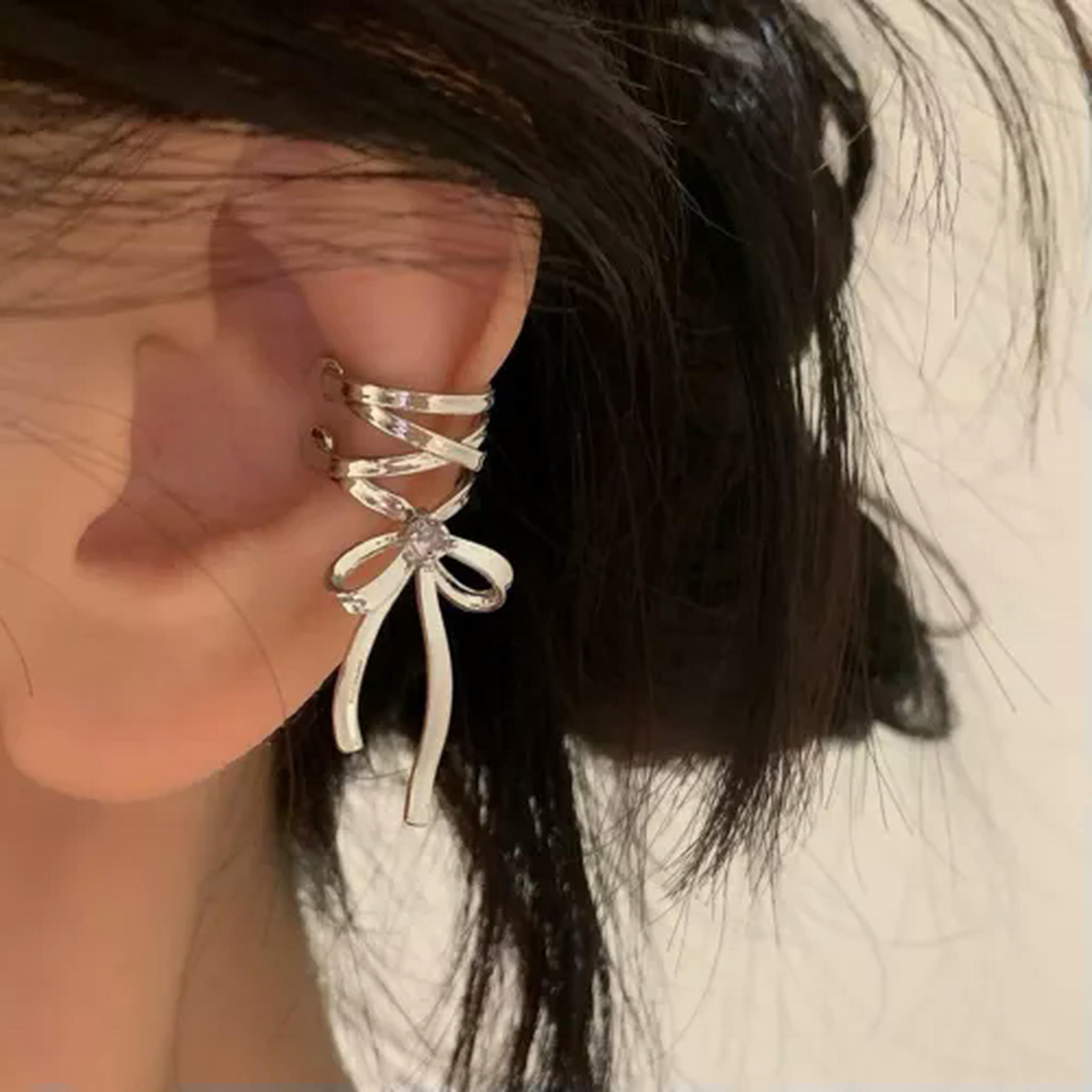 GKNET Women Silver Color Non Piercing Painless Bow Ribbon Ear Clip ...