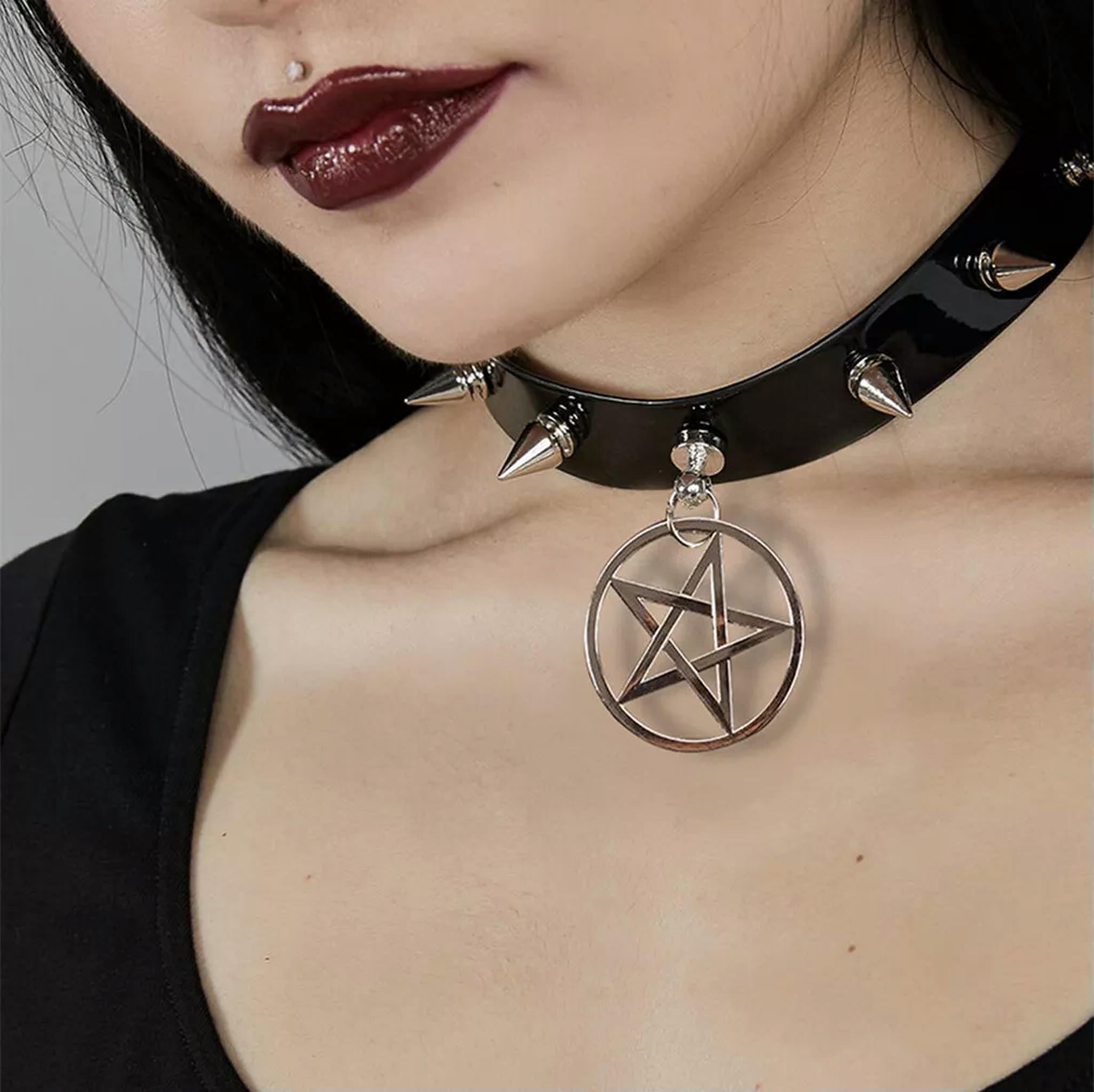 GKNET Women's Gothic Metal Spike Studded Leather Pentagram Choker ...