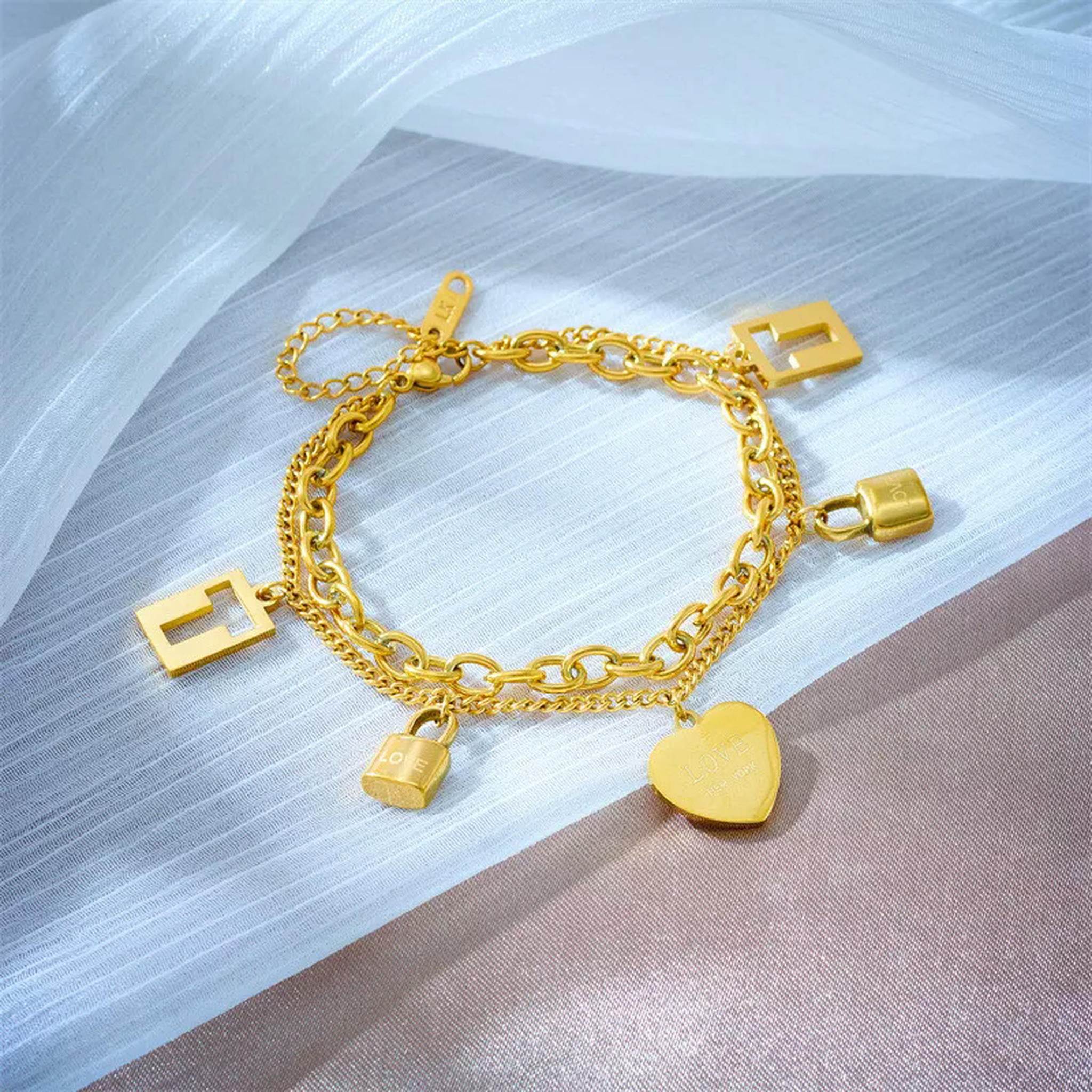 GKNET Womens Gold Plated Stainless Steel Double Layer Heart Lock ...