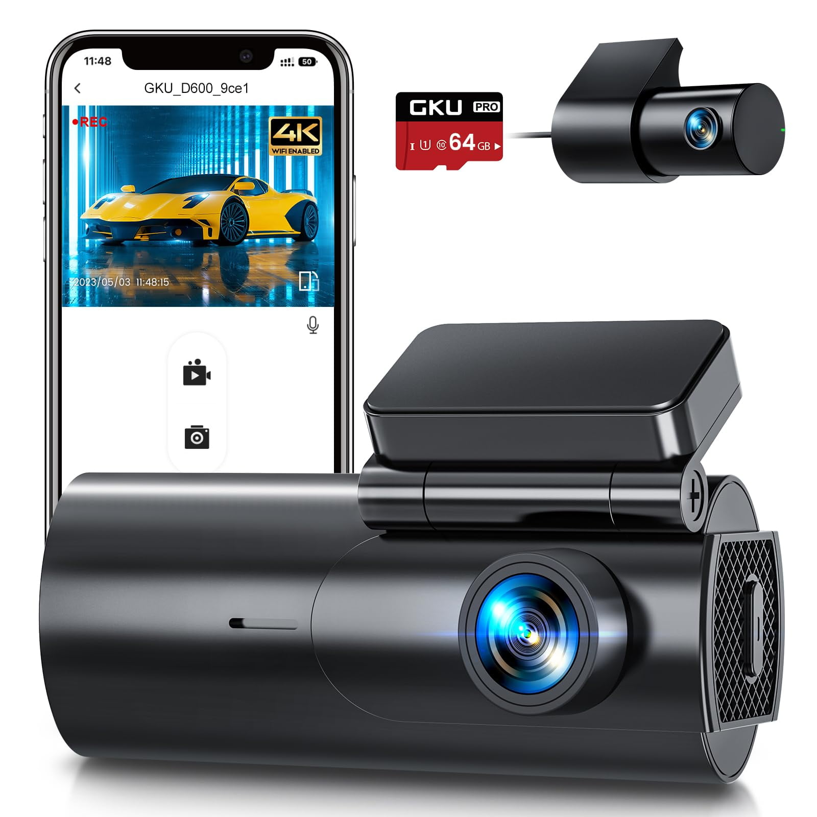 GKU Dash Cam Front and Rear Camera, 4K/2.5K Full Dashcams for Cars with 64GB SD Card, WiFi & App ...
