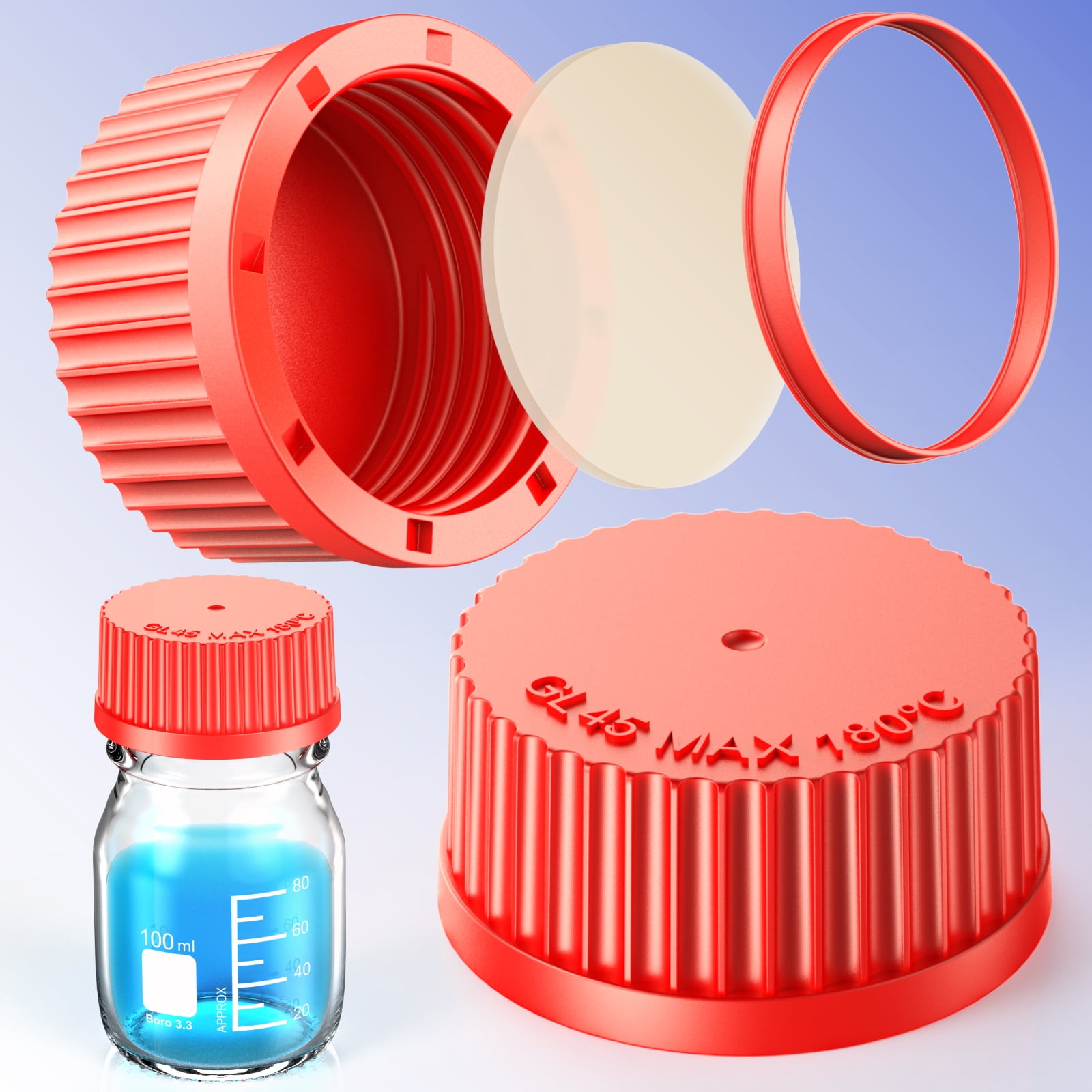 GL45 Screw Cap Polypropylene PBT Replacement Cap with Silicone Gasket and Pour Ring for Media ...