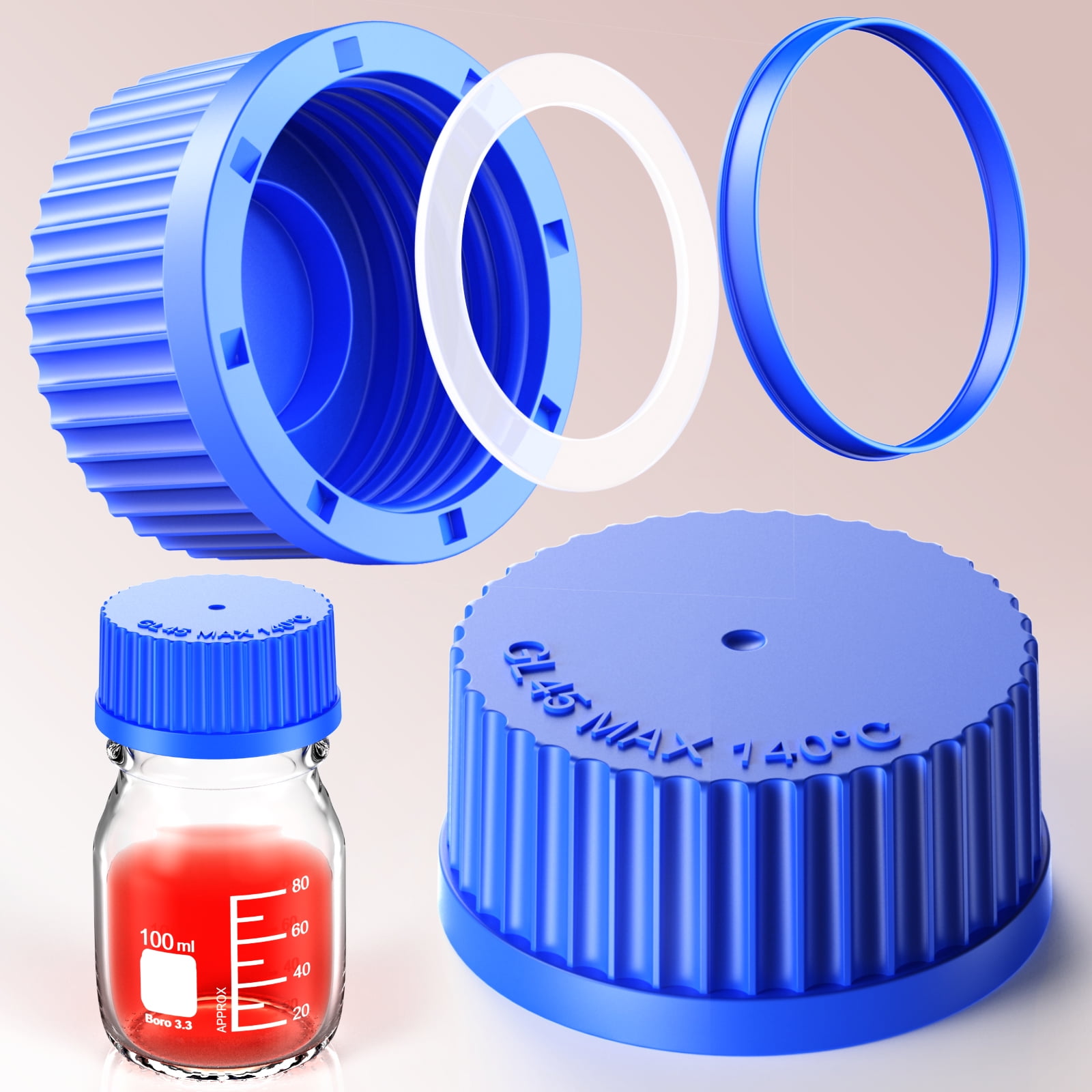 GL45 Screw Cap Polypropylene PP Replacement Cap with Silicone Gasket and Pour Ring for Media ...