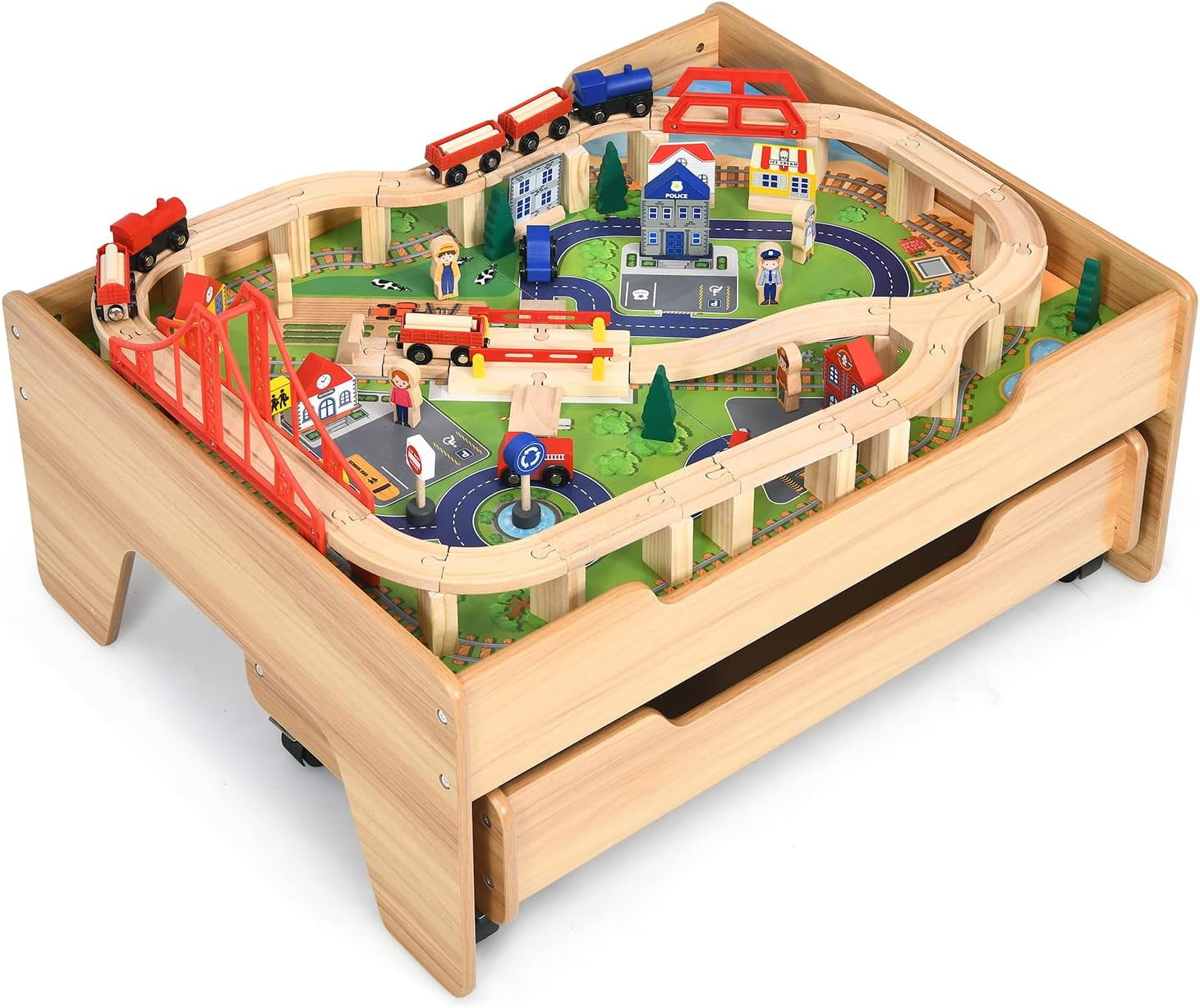 GLACER 100 Pieces Train Table, Wooden Activity Table with Storage Drawer, Tracks, Vehicles ...