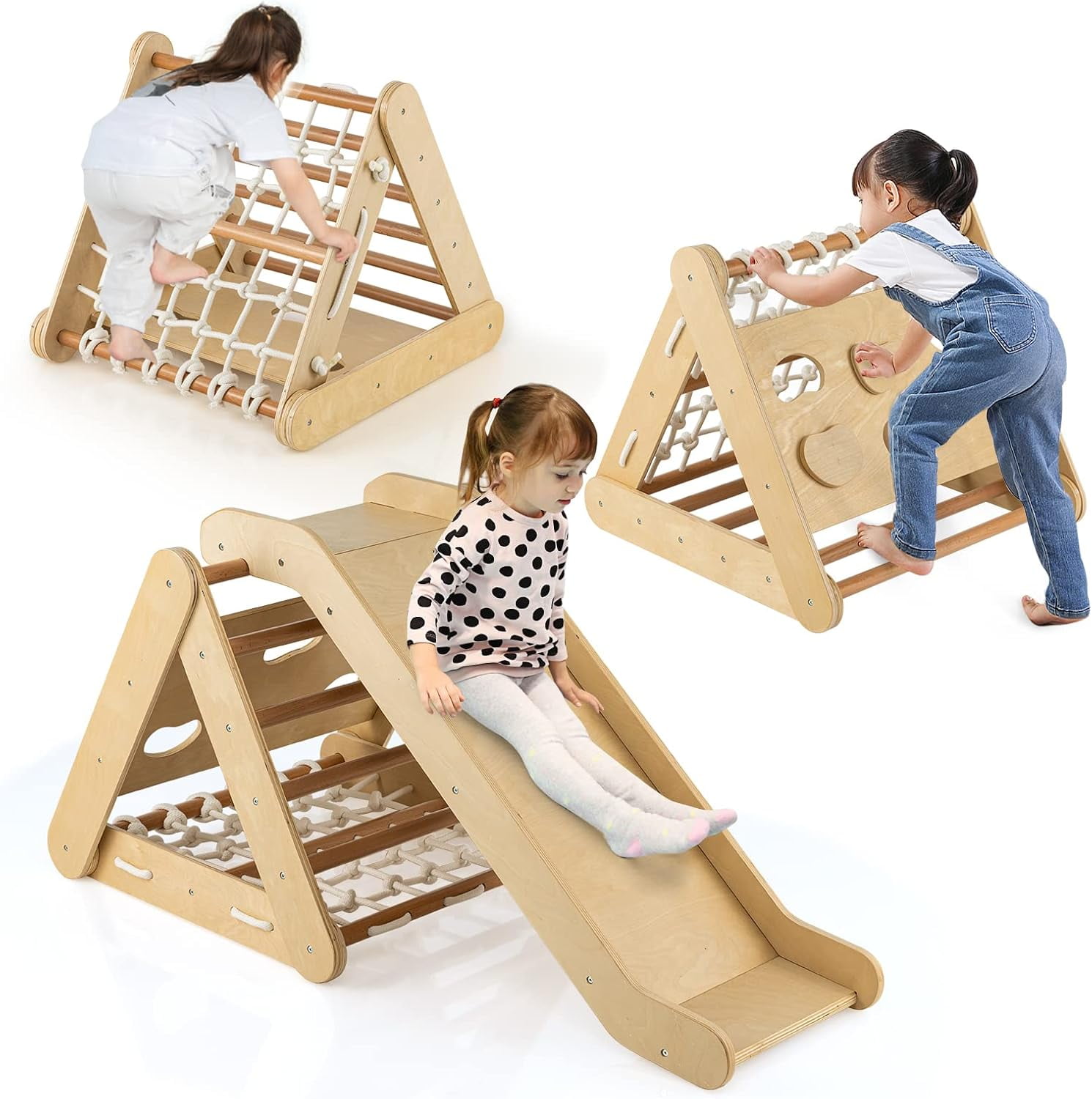 GLACER 4-in-1 Climbing Triangle w/Ramp, Climbing Toy Set with Rope Wall ...