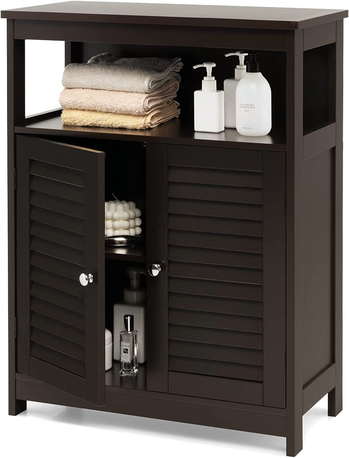 GLACER Bathroom Floor Cabinet, Wooden Storage Cabinet with Double Shutter Doors & 3-Position ...