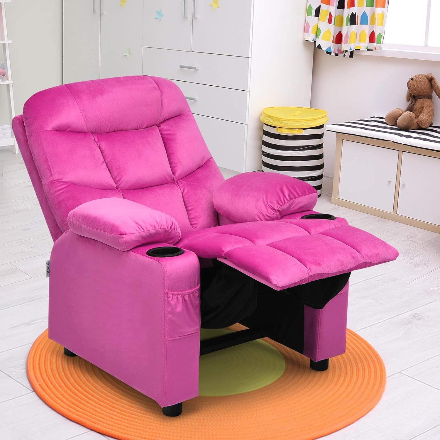 GLACER Kids Recliner, Velvet Adjustable Baby Recliner w/Cup Holder ...