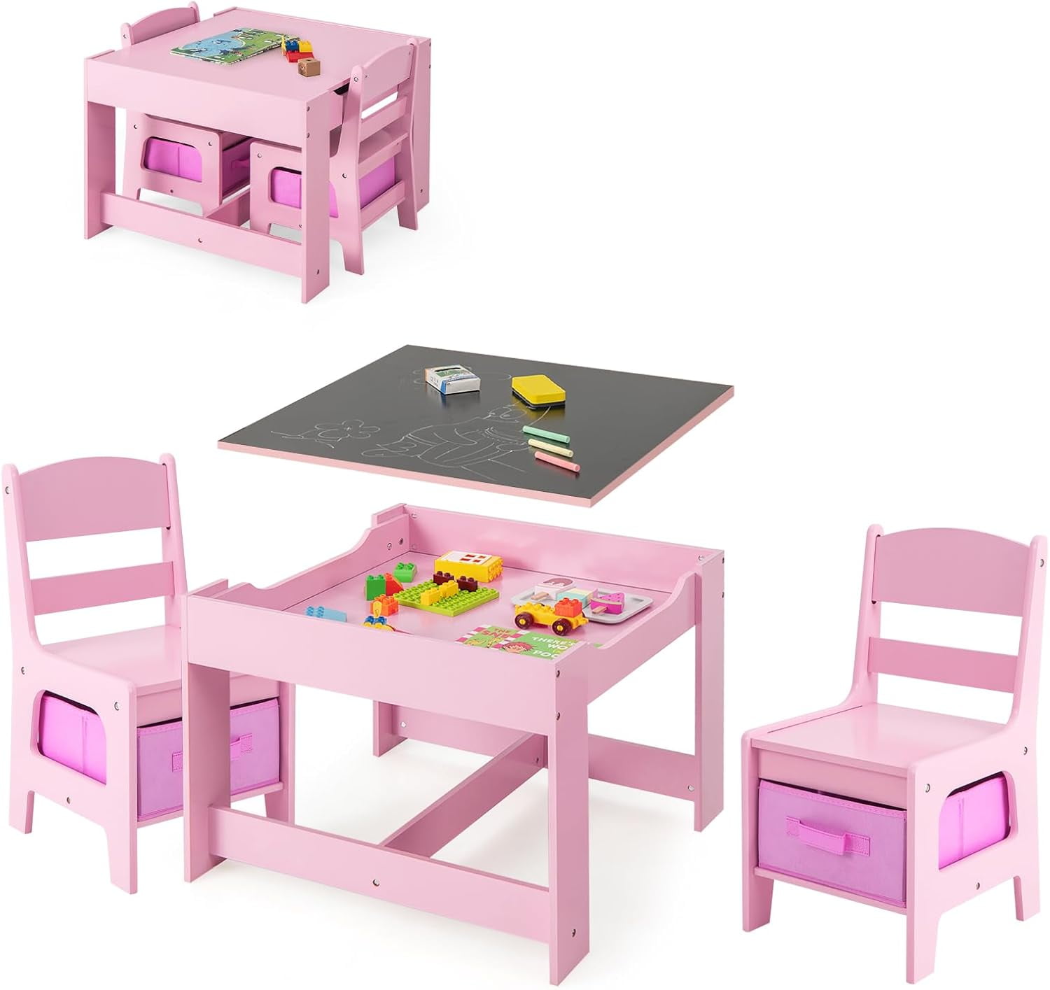 GLACER Kids Table and Chairs, 3 in 1 Wooden Activity Table with Storage ...