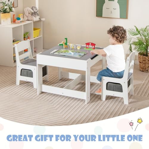 GLACER Kids Table and Chairs, 3 in 1 Wooden Activity Table with Storage ...