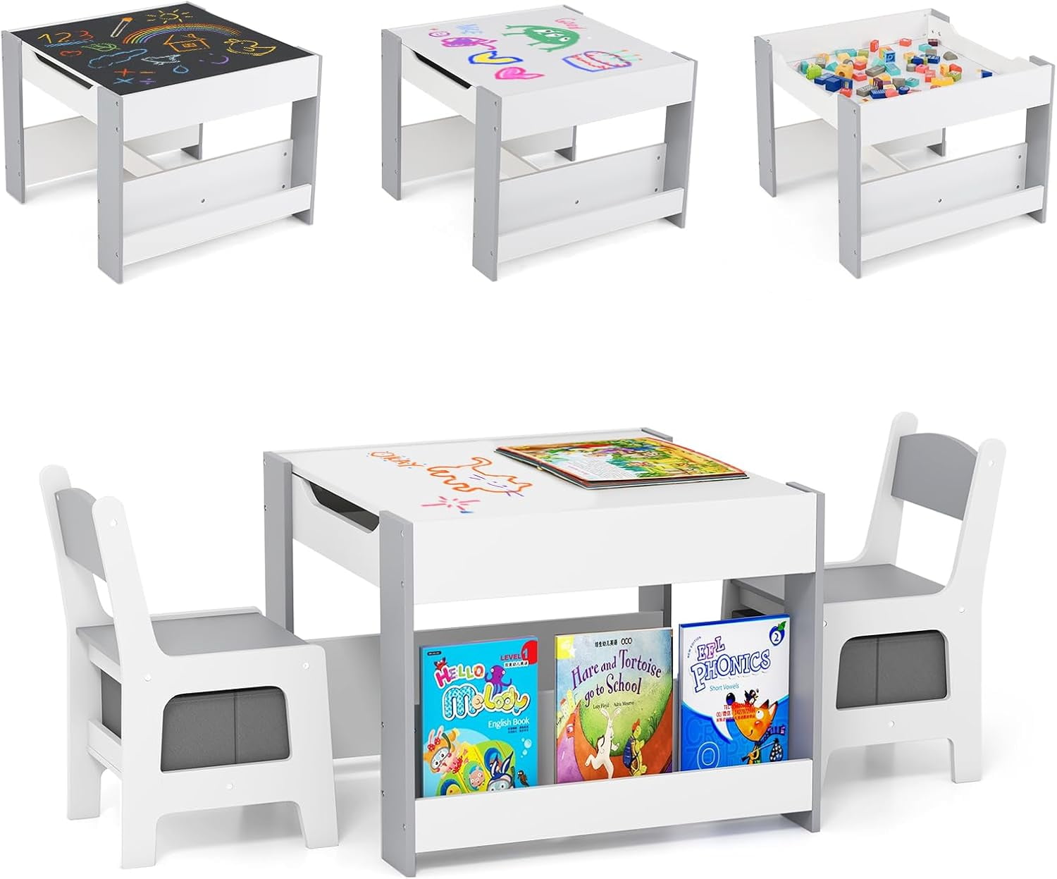 GLACER Kids Table and Chairs, 4 in 1 Wooden Activity Table with ...