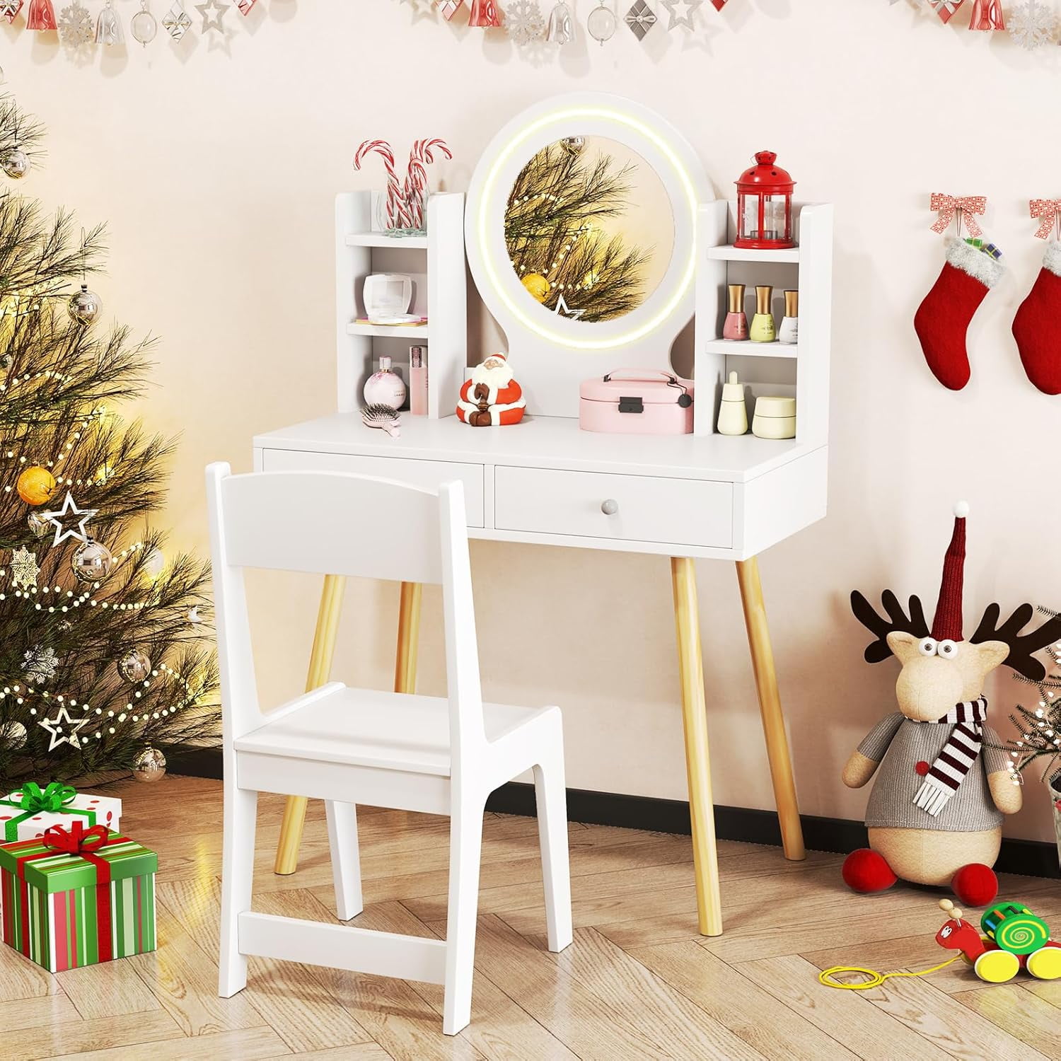 GLACER Kids Vanity, Princess Makeup Dressing Table and Chair Set with 2 ...