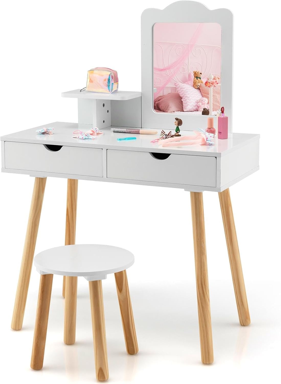 GLACER Kids Vanity with Stool, 2-in-1 Toddler Vanity w/Storage Drawers ...