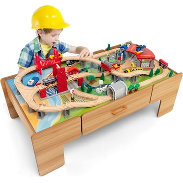 Costway Large Toddler Toy Play Activity Wooden Train Set & Double-Sided ...