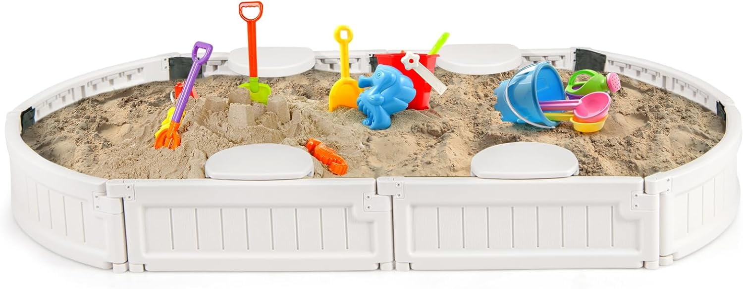 GLACER Sandbox with Cover, Oval Sand Pit w/Detachable Built-in Seating ...