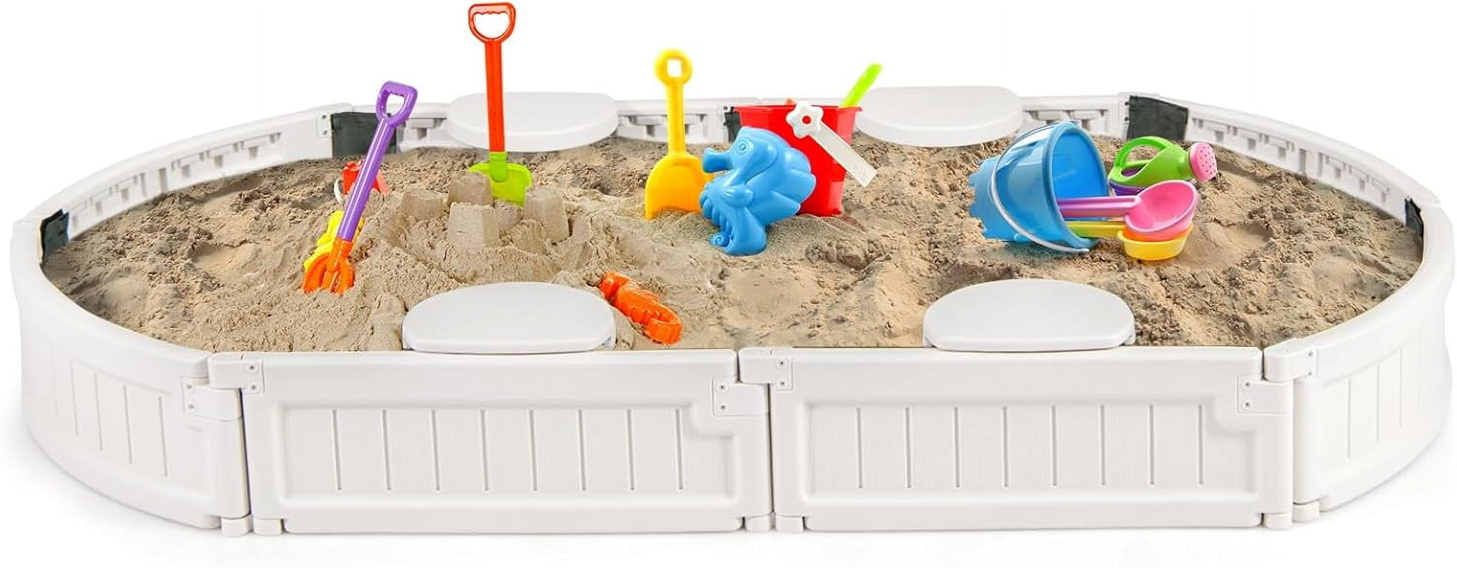 GLACER Sandbox with Cover, Oval Sand Pit w/Detachable Built-in Seating ...