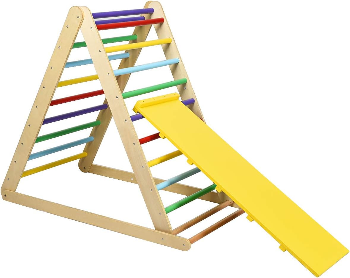 GLACER Wooden Climbing Triangle Ladder with Ramp, 2 in 1 Foldable ...