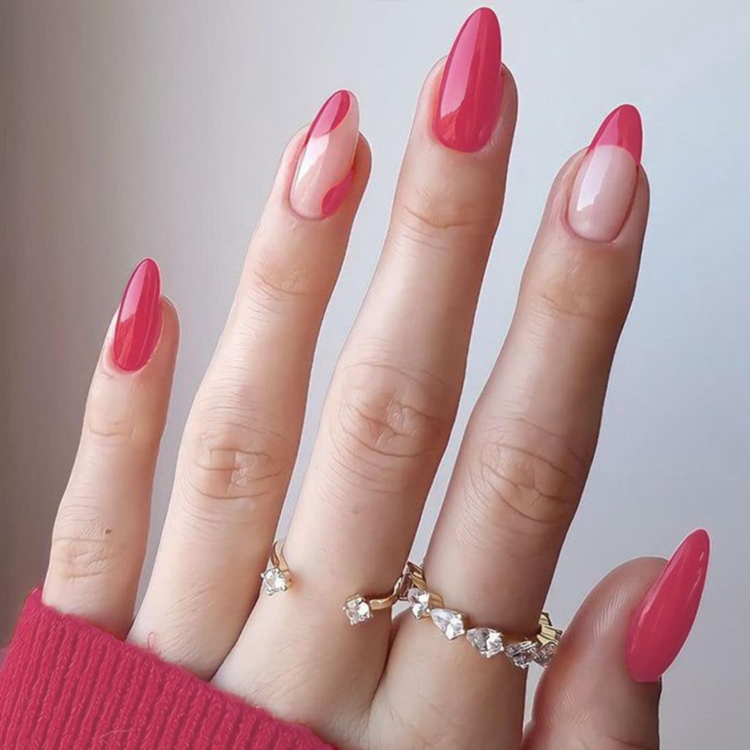GLAMERMAID Hot Pink Press on Nails Medium Almond, Nude French Tip Fake ...